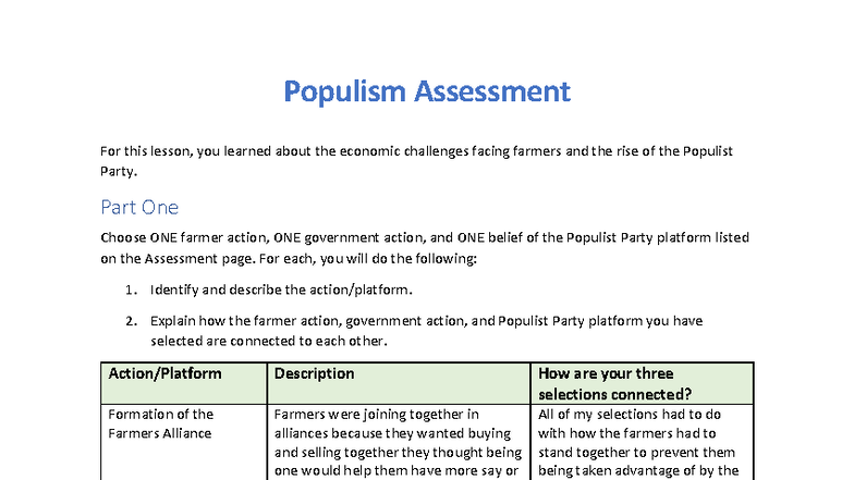 Populism Assessment: Economic Challenges & Farmer Actions (FLVS US ...