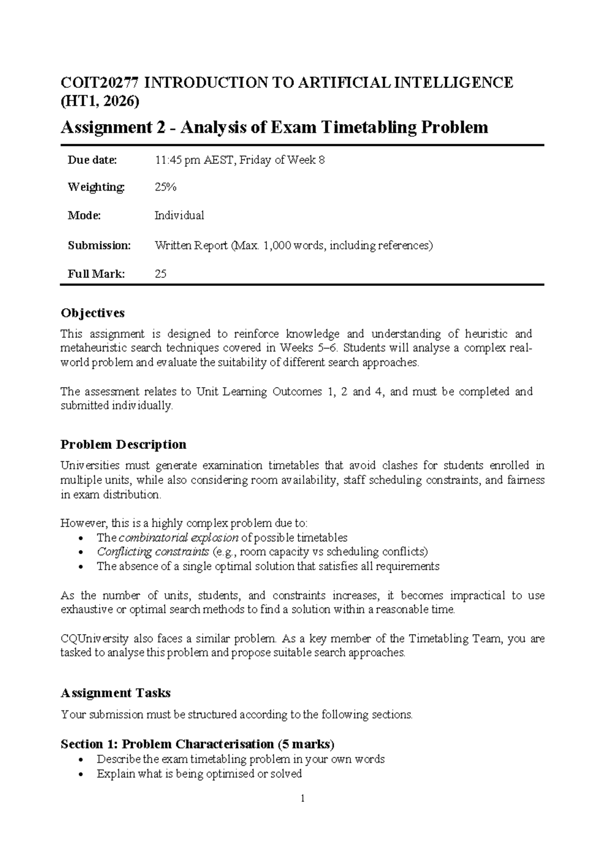COIT20277 HT1 2026 Assignment 2: Exam Timetabling Problem Analysis ...