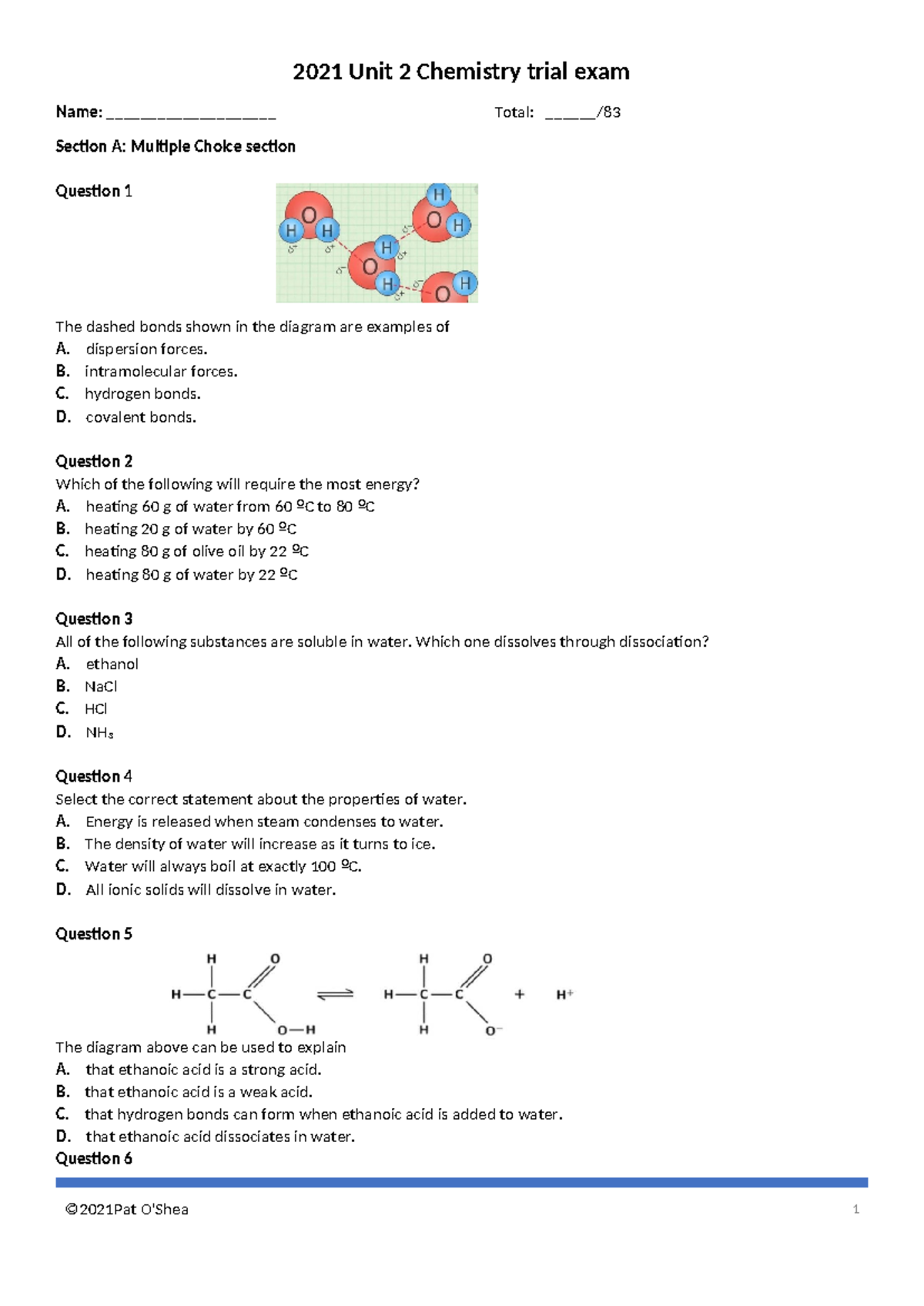 2021 Unit 2 Chemistry Trial Exam - Practice Test - Studocu