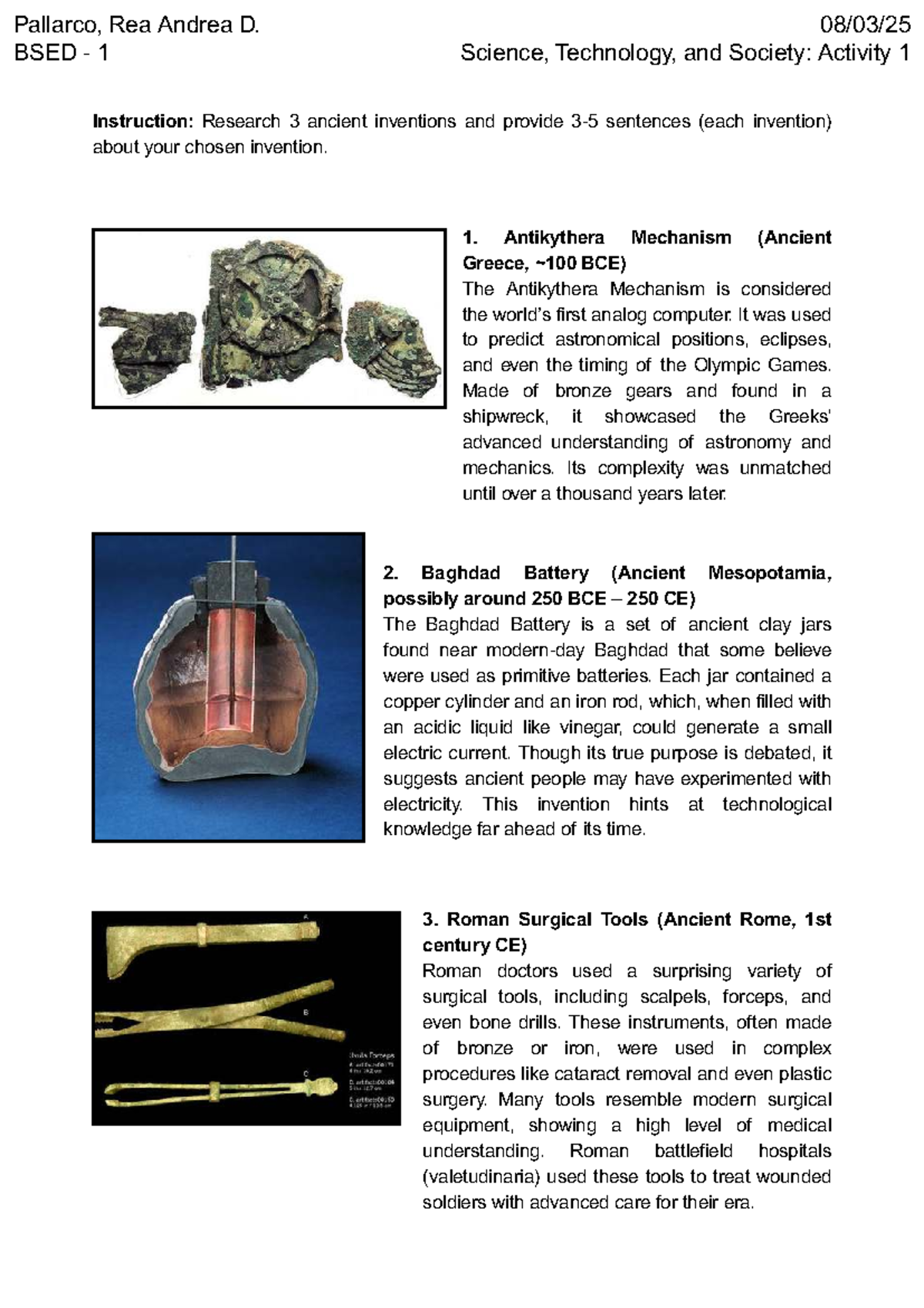 BSED 1: Ancient Inventions in Science & Technology Activity 1 - Studocu