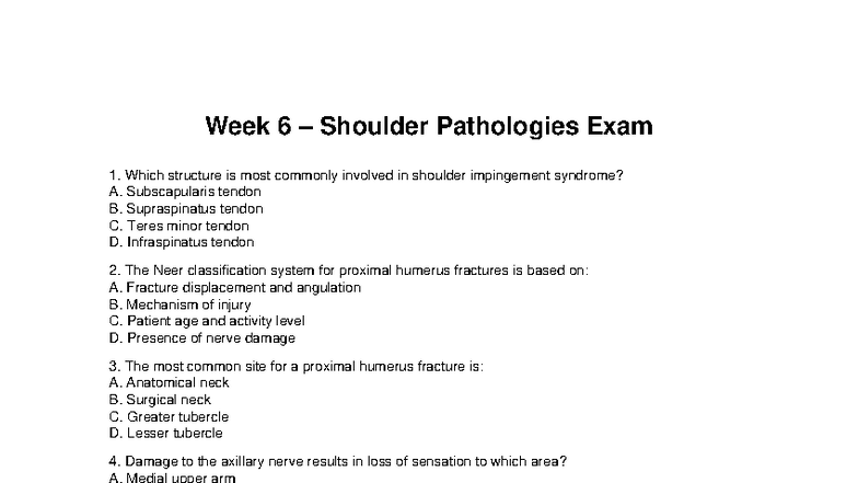 Shoulder Pathologies Exam 1 - Week 6 Practice Questions - Studocu