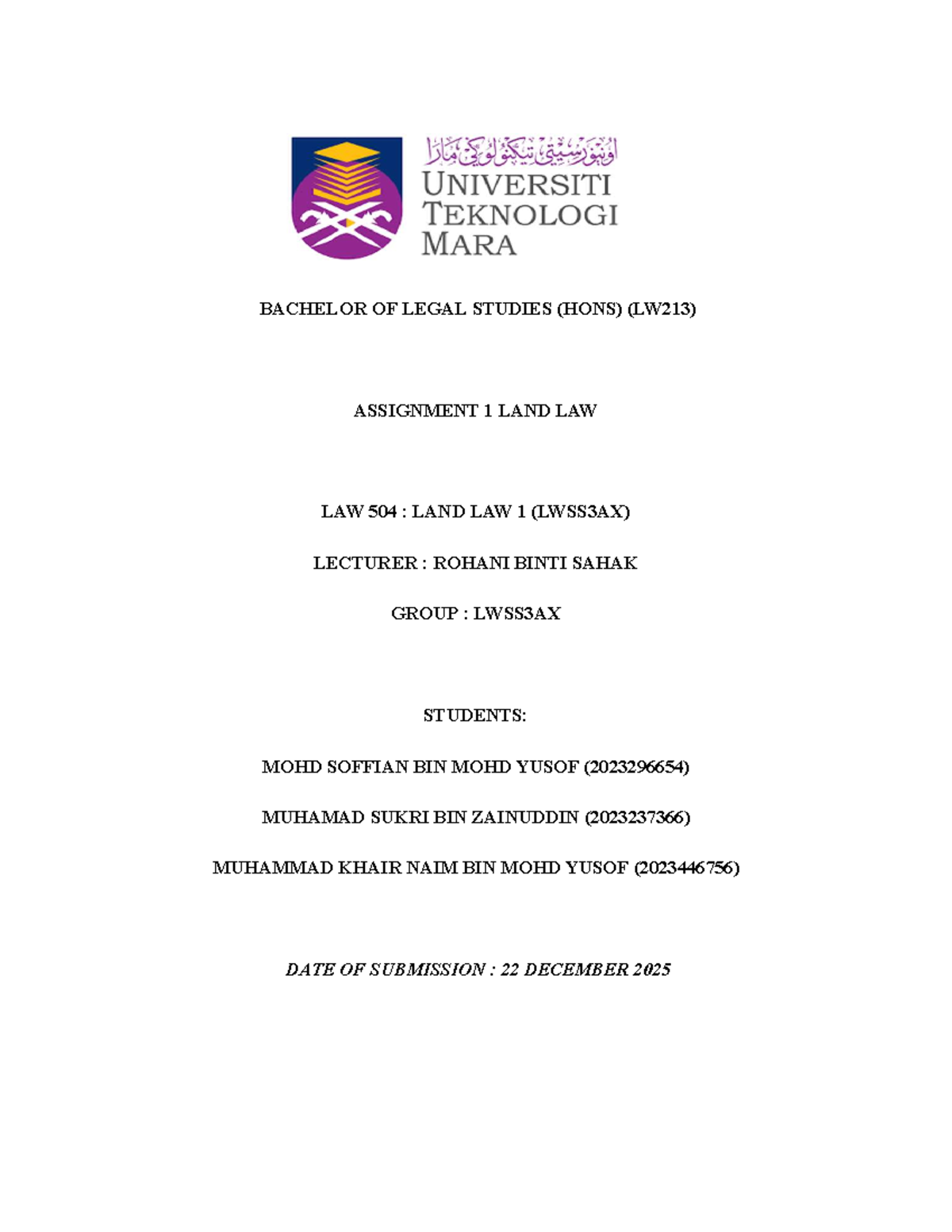 Assignment 1 LAW 504 - its good - BACHELOR OF LEGAL STUDIES (HONS ...
