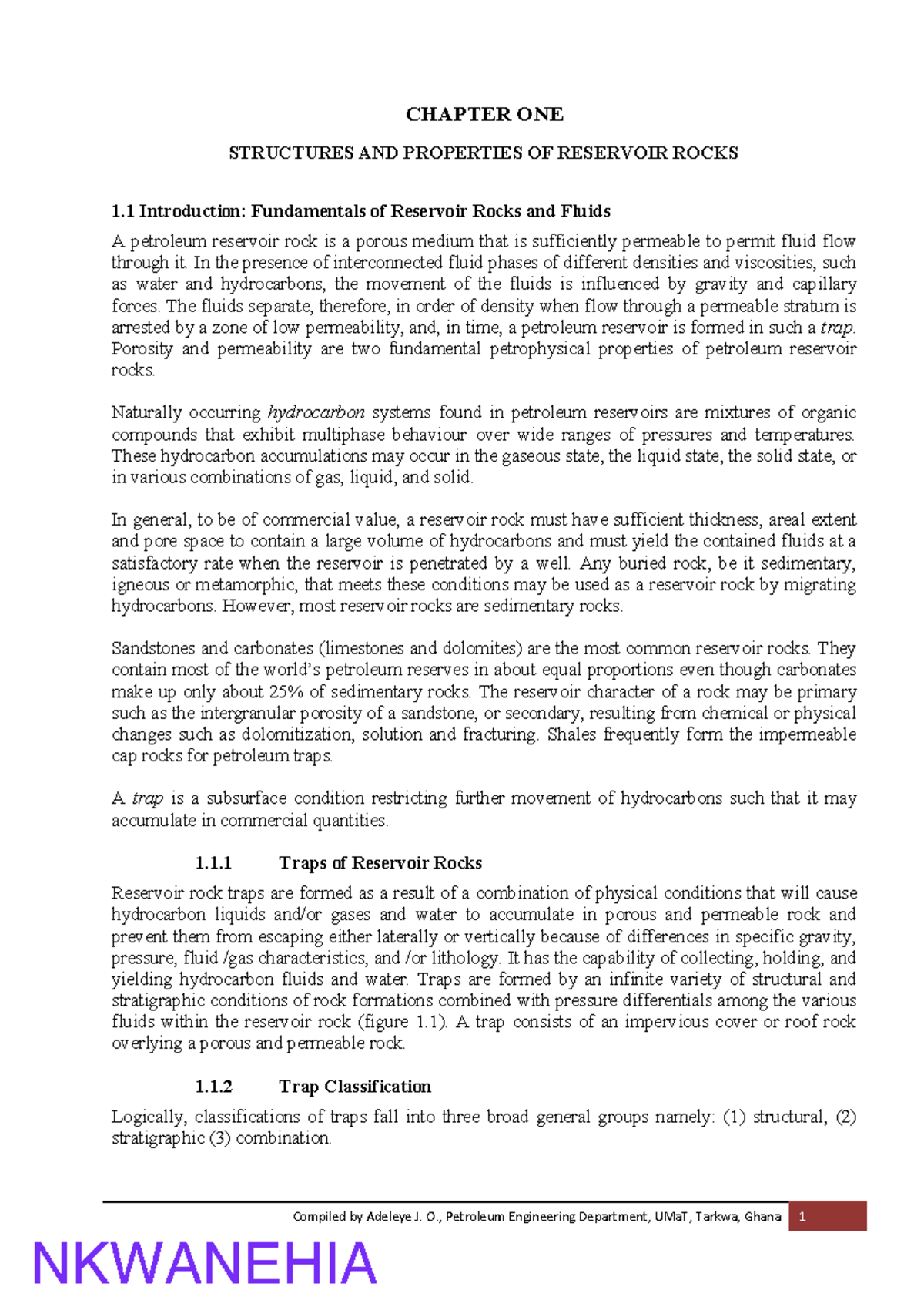 CHAPTER 1: STRUCTURES AND PROPERTIES OF RESERVOIR ROCKS - NKWANEHIA 1 ...