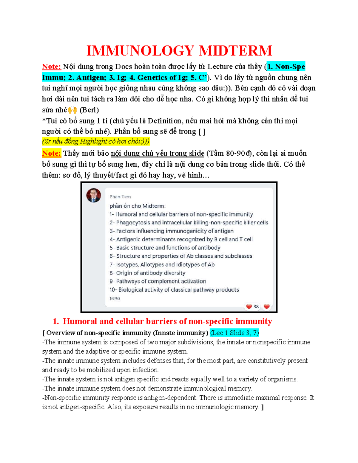 IMMUNOLOGY MIDTERM Study Notes: Key Concepts and Definitions - Studocu