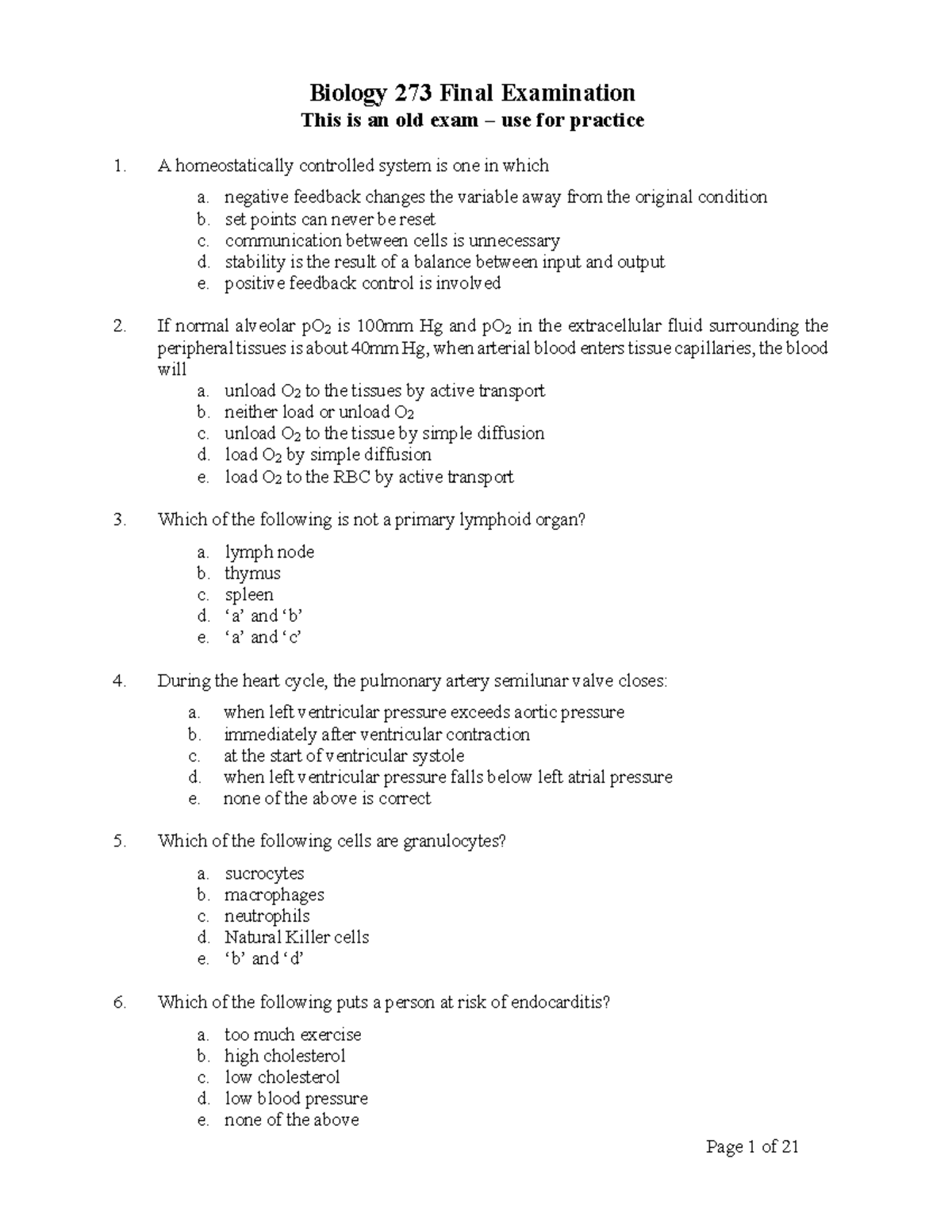Biology 273 Final Exam Practice Questions and Answers - Studocu