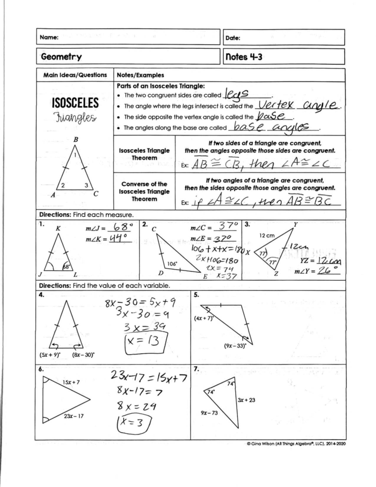 Geometry Lesson 4-3 Notes: Isosceles Triangle Properties - Studocu