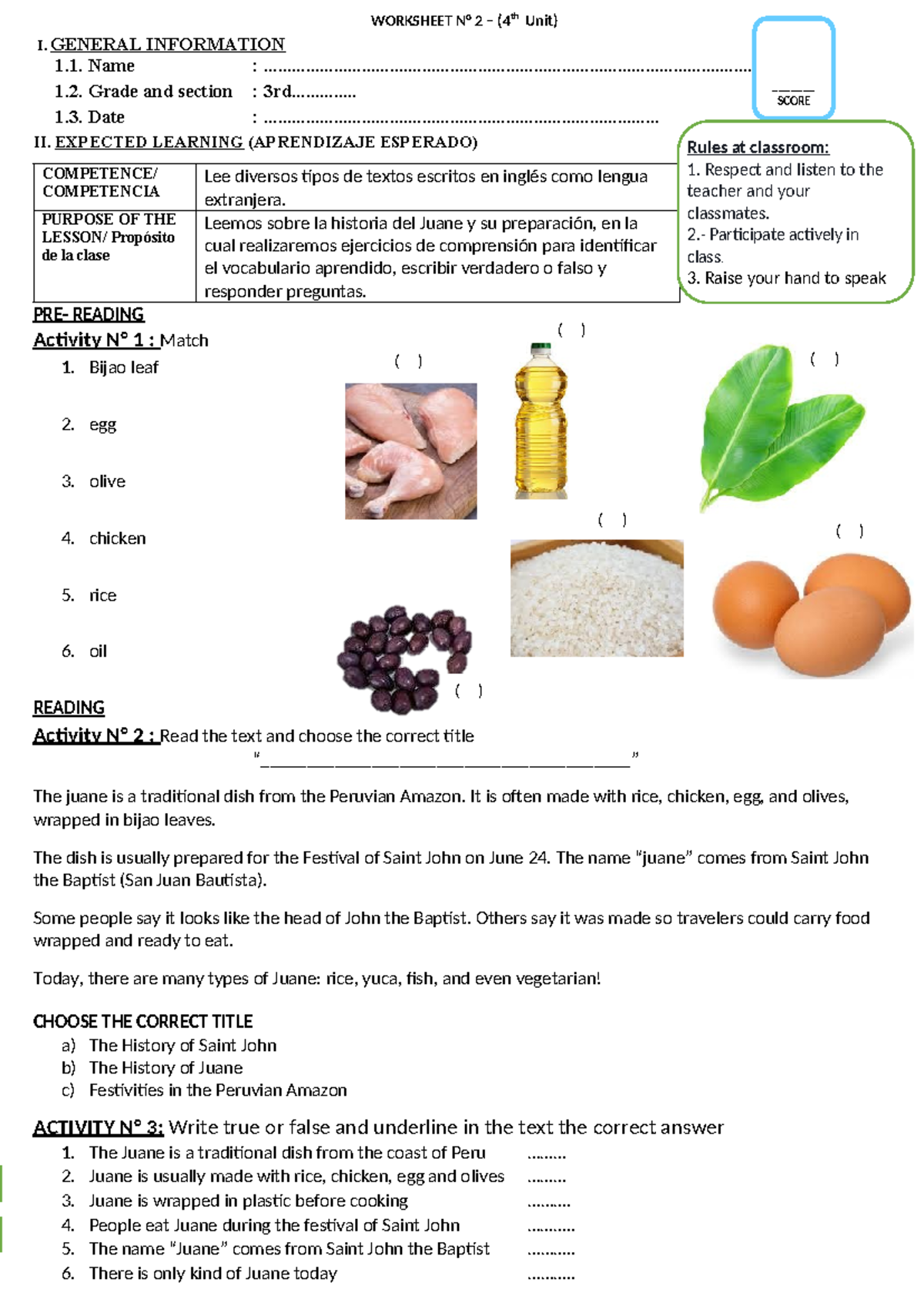 English Worksheet N° 2 - Reading on Juane's History & Prep 3ro - Studocu