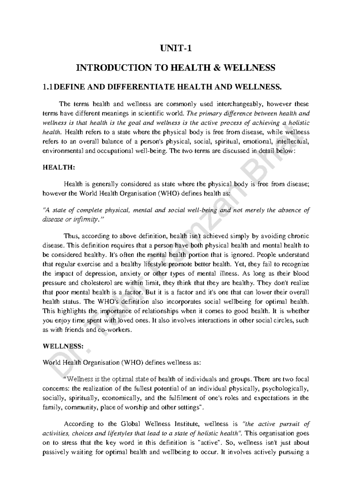 Health & wellness - UNIT- 1 INTRODUCTION TO HEALTH & WELLNESS 1 DEFINE ...