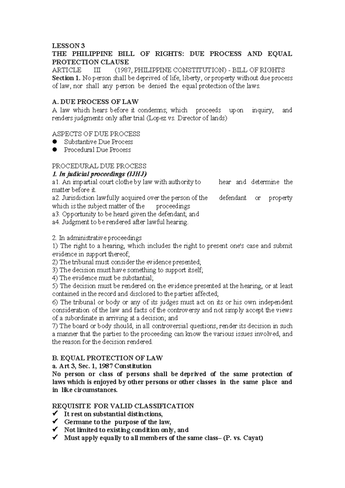 Lesson 3: The Philippine Bill of Rights - Due Process & Equal ...