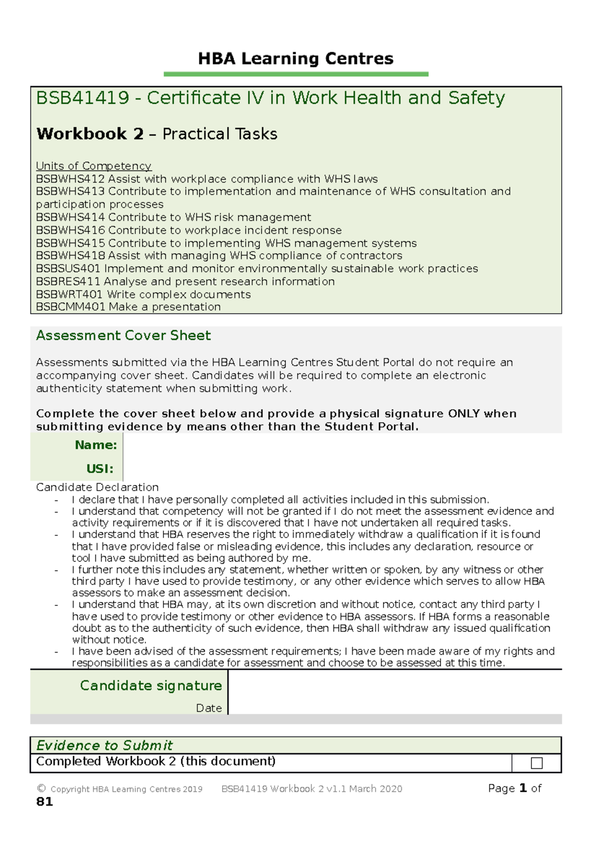BSB41419 Workbook 2: Practical Tasks for WHS Competency Assessments - Studocu