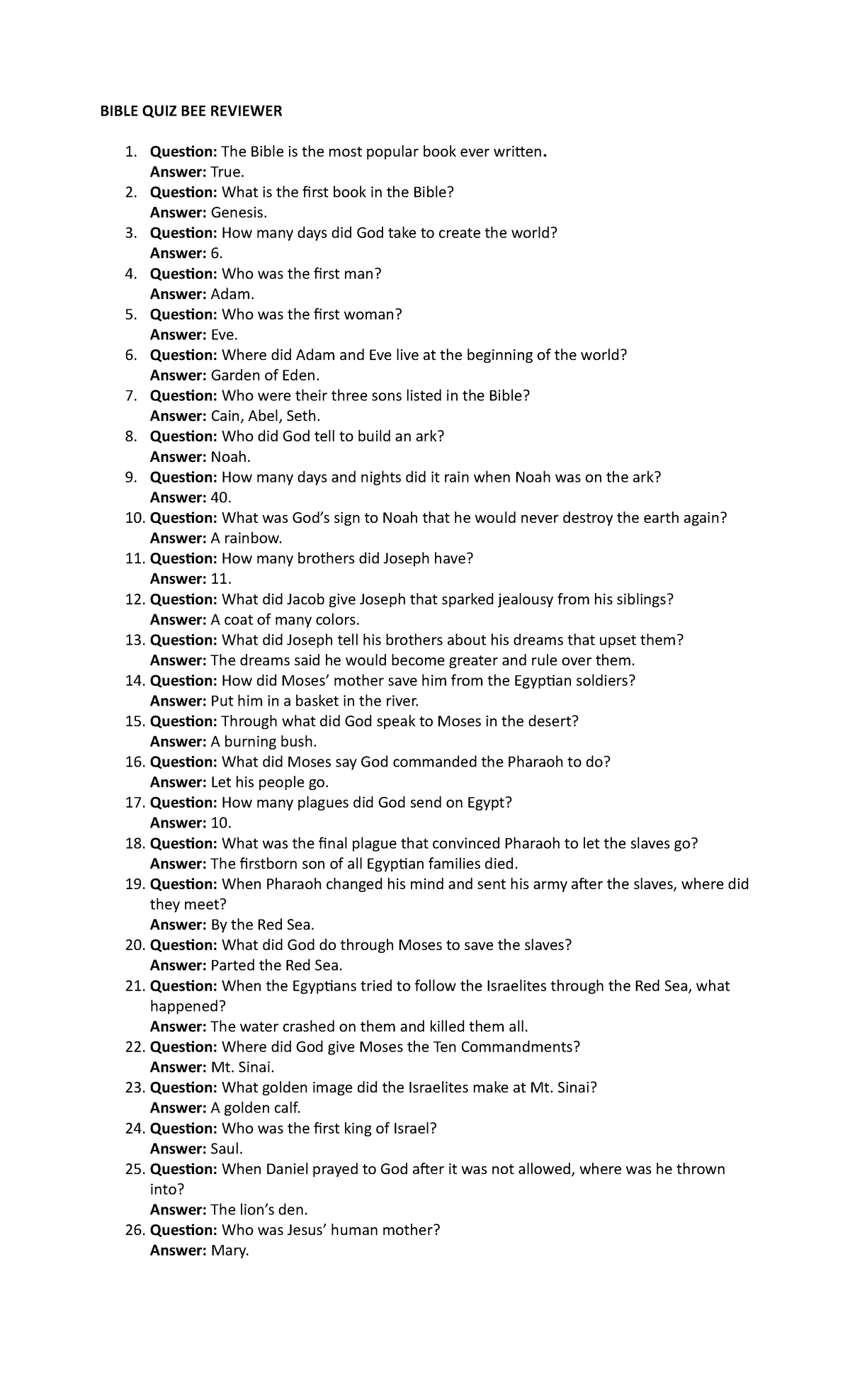 BIBLE QUIZ BEE REVIEWER: Key Questions & Answers for Study - Studocu