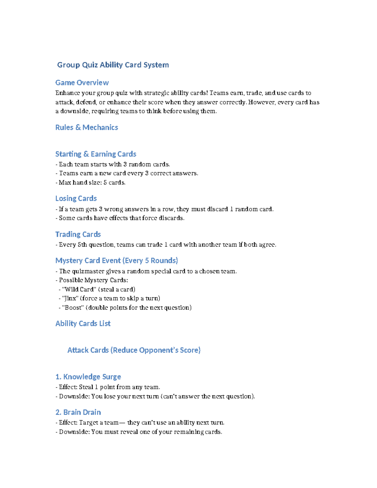 Group QUIZ BEE Mechanics: Ability Card System Strategy Guide - Studocu