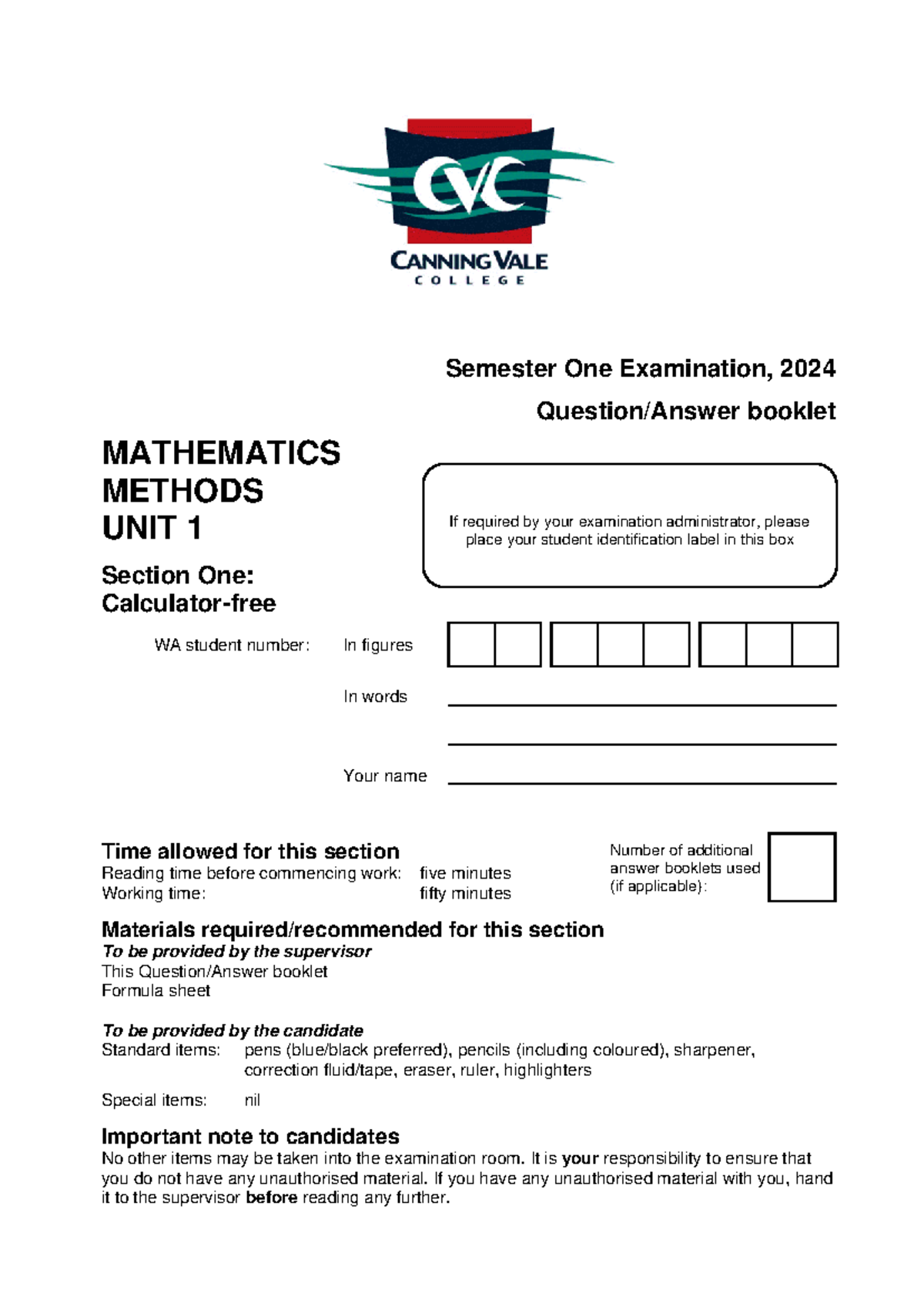 MATHEMATICS METHODS UNIT 1 Semester One Exam 2024 Booklet - Studocu