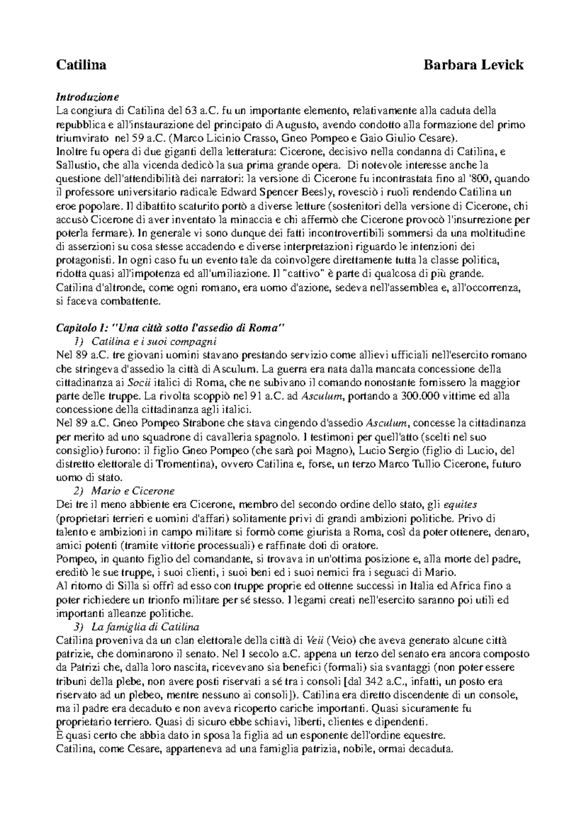 Catilina e la Congiura del 63 a.C.: Analisi Storica e Politica - Studocu
