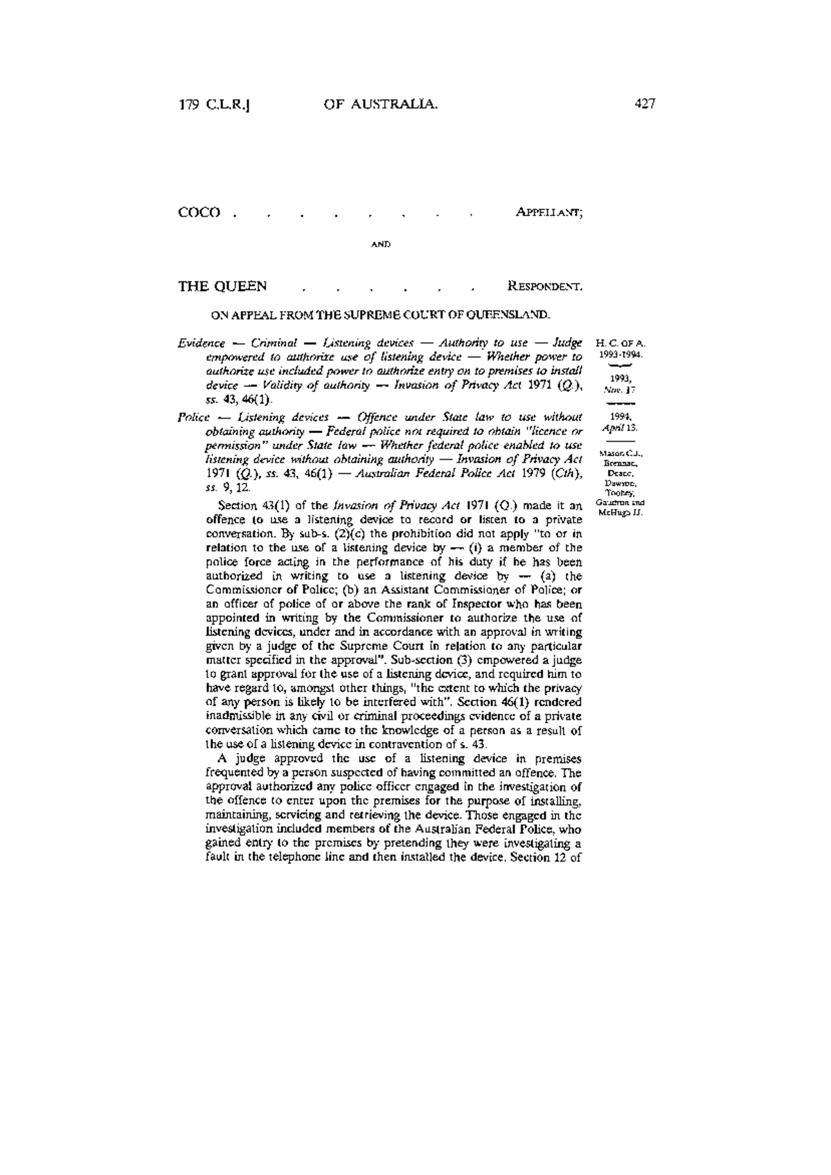 Coco v. The Queen (1994) 179 CLR 427: Listening Devices & Privacy Law ...