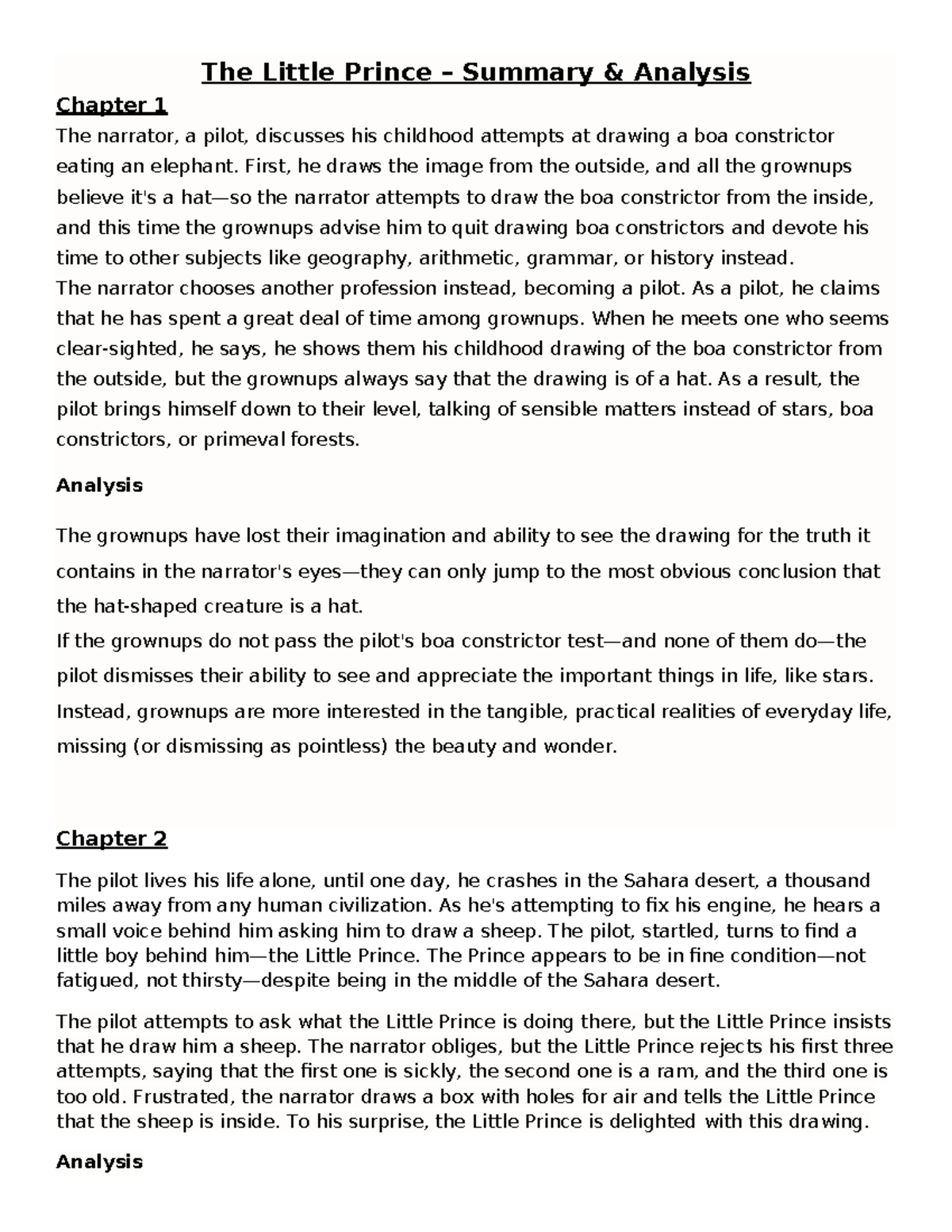 The Little Prince (Chapter 1-8) Summary & Analysis - Studocu