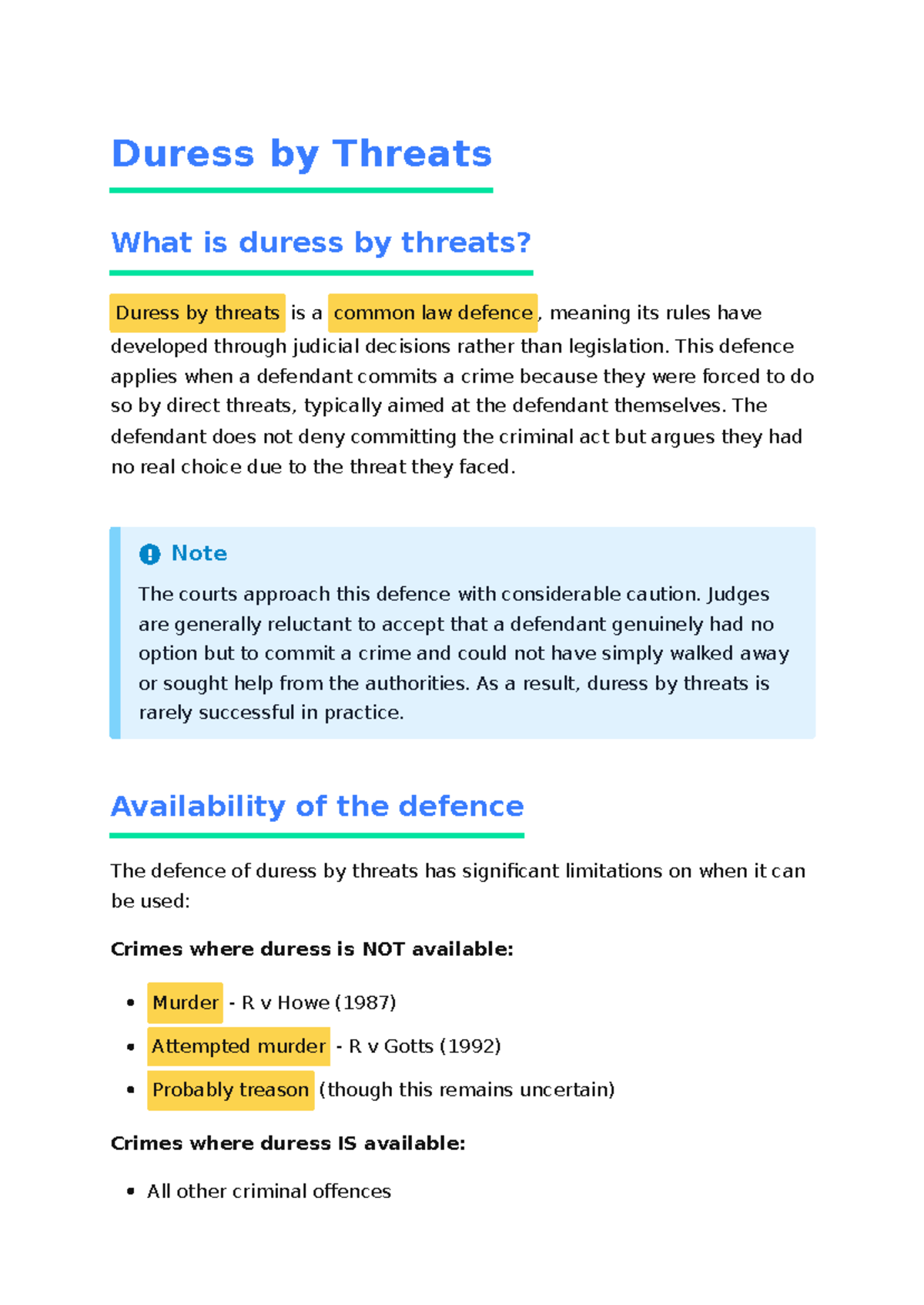Duress by Threats: Common Law Defence Overview and Key Cases - Studocu