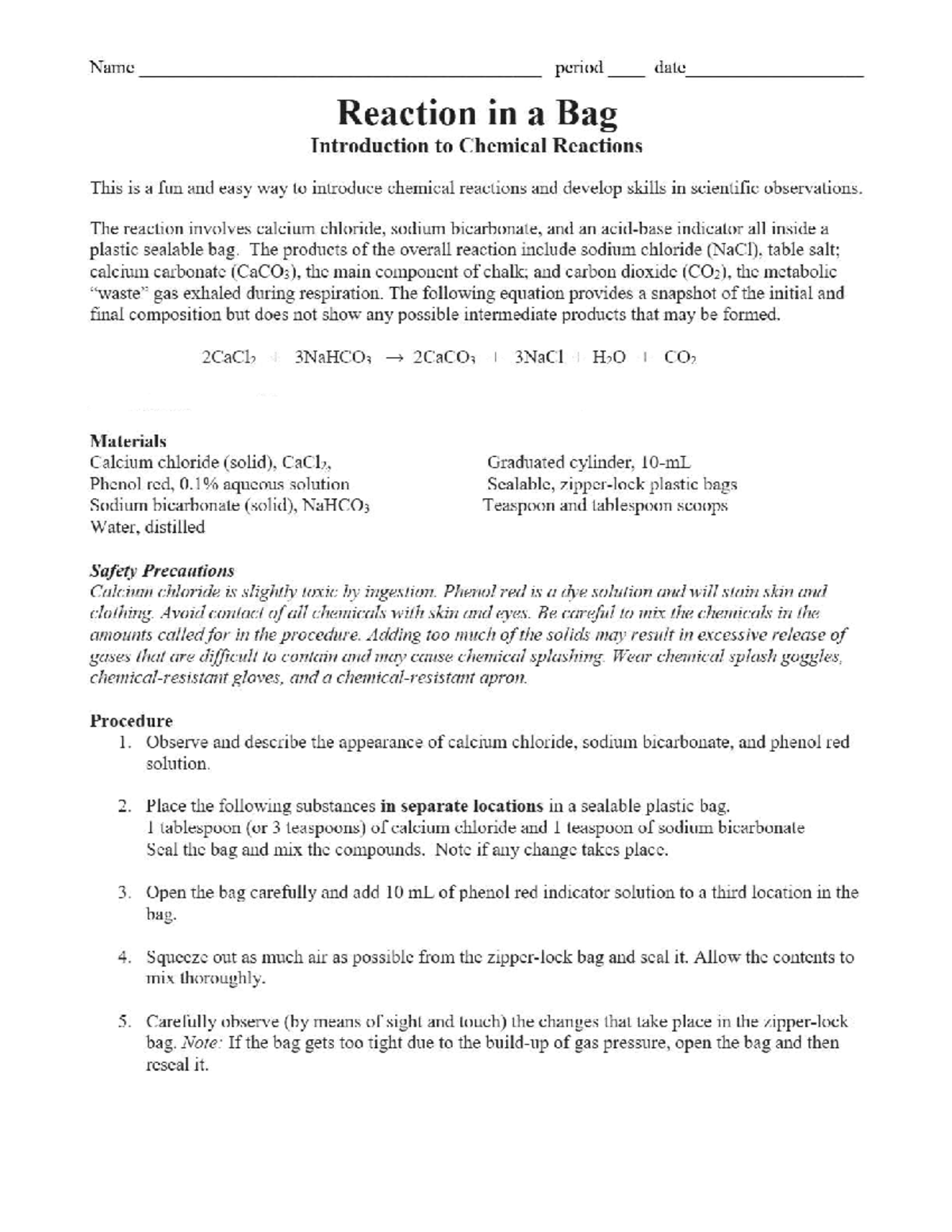 CHEM 101: A Reaction in a Bag - Intro to Chemical Reactions - Studocu