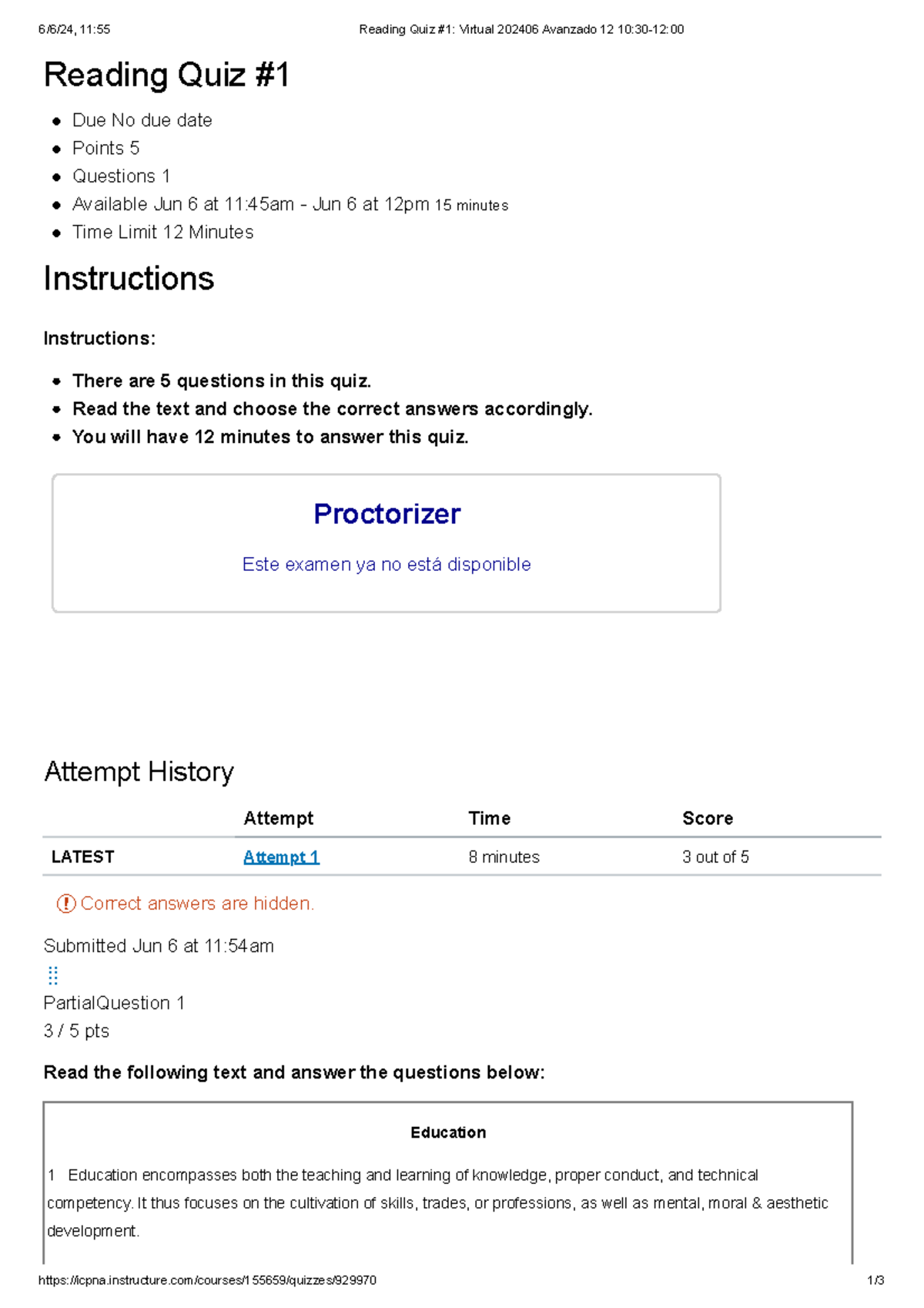 Reading Quiz #1: Virtual 202406 - Comprensión de la Educación - Studocu