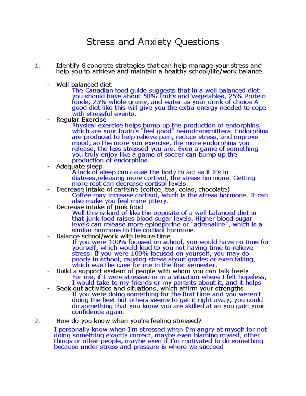 Stress and Anxiety Questions - Stress and Anxiety Questions Identify 8 ...
