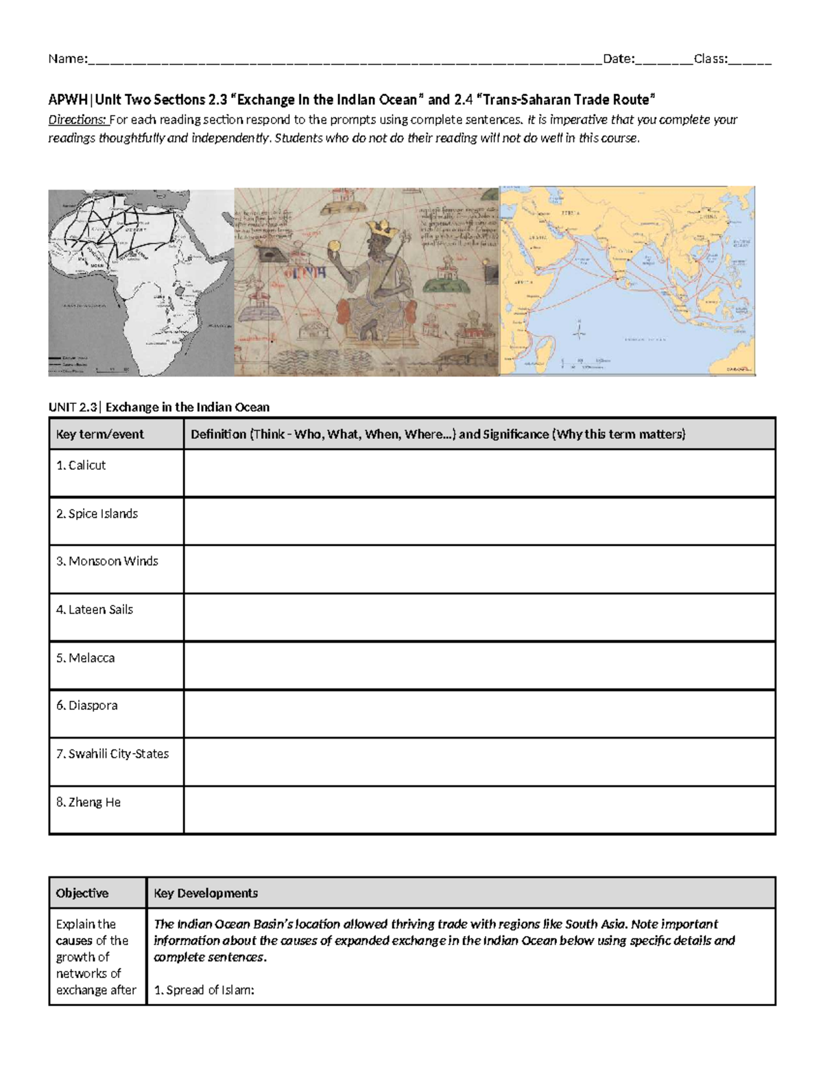Amsco 2023 Reading Questions: Indian Ocean & Sahara Trade (Units 2.3 ...