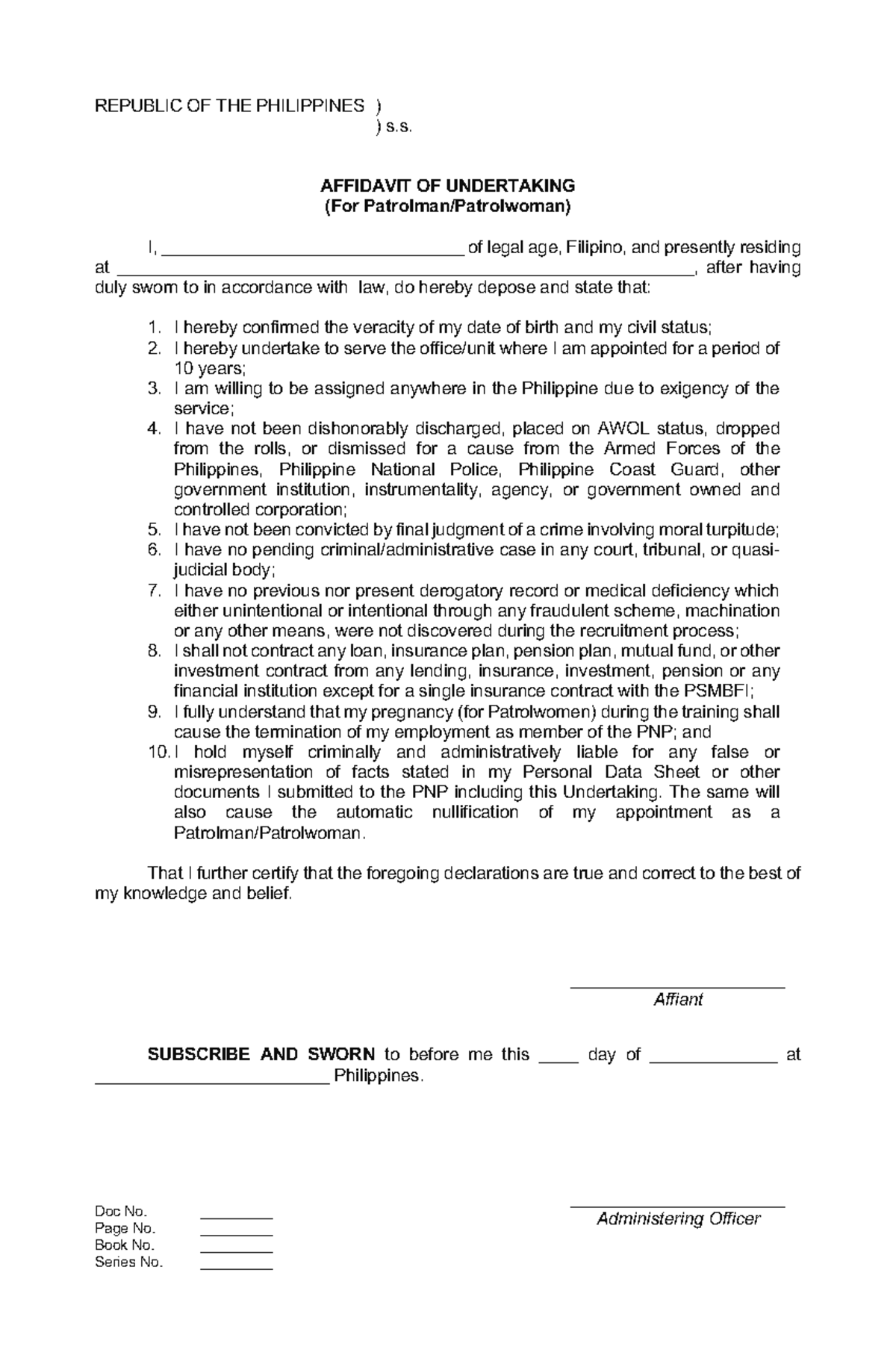 Affidavit of Undertaking for Patrolman/Patrolwoman Submission - Studocu