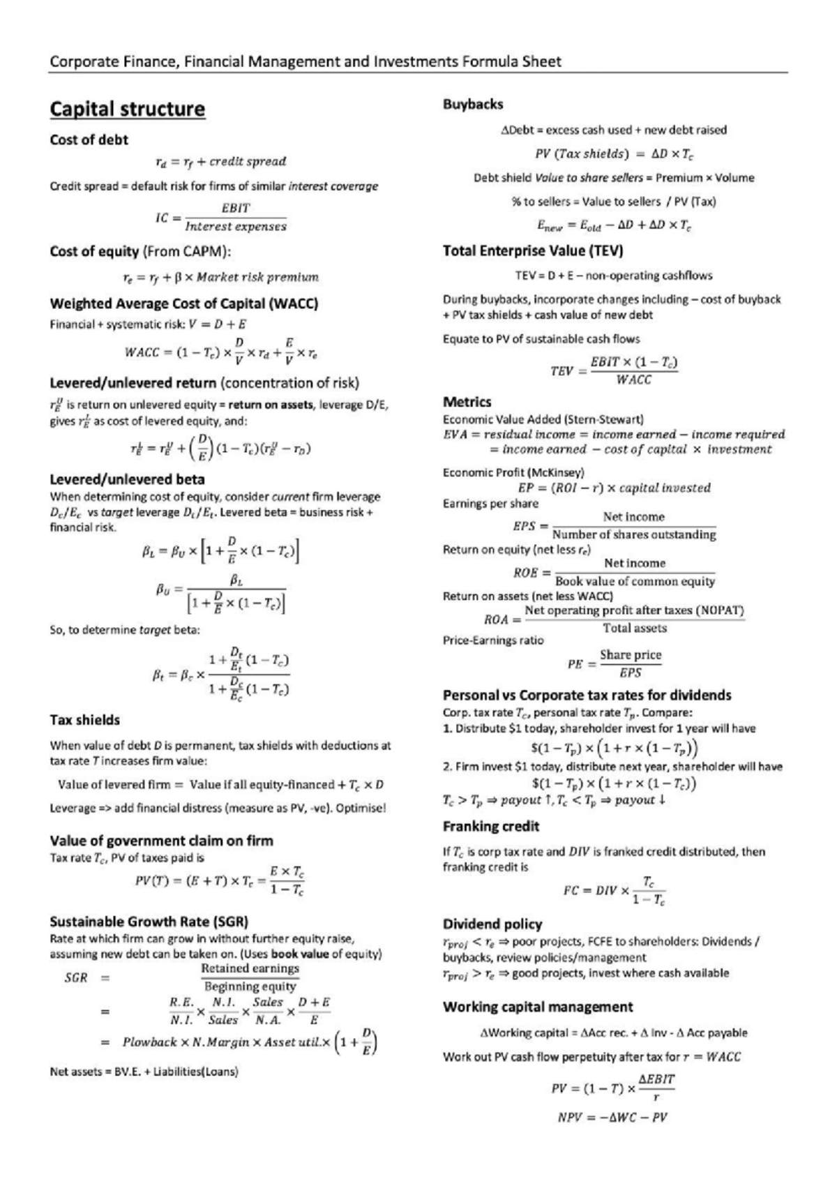 Corporate Finance Formula Sheet: Key Concepts and Calculations - Studocu