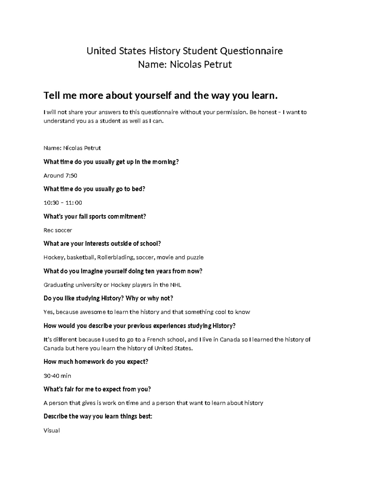 US History Student Questionnaire - United States History Student ...