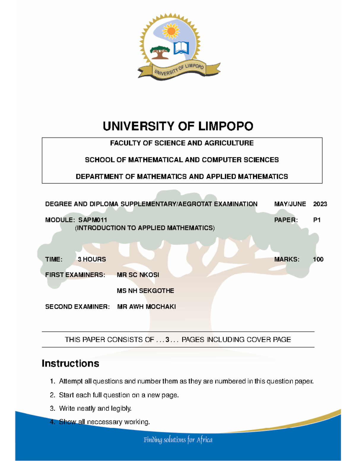SAPM011-SUPP-2023 - Applied Mathematics Exam Practice Material - Studocu