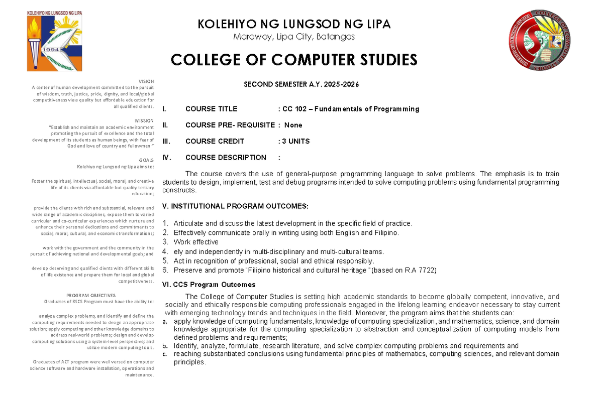 CC 102 Final Exam Study Guide: Fundamentals of Programming - Studocu