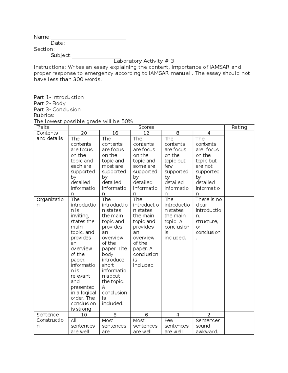 Laboratory Activity 3: IAMSAR Essay Instructions and Rubrics - Studocu