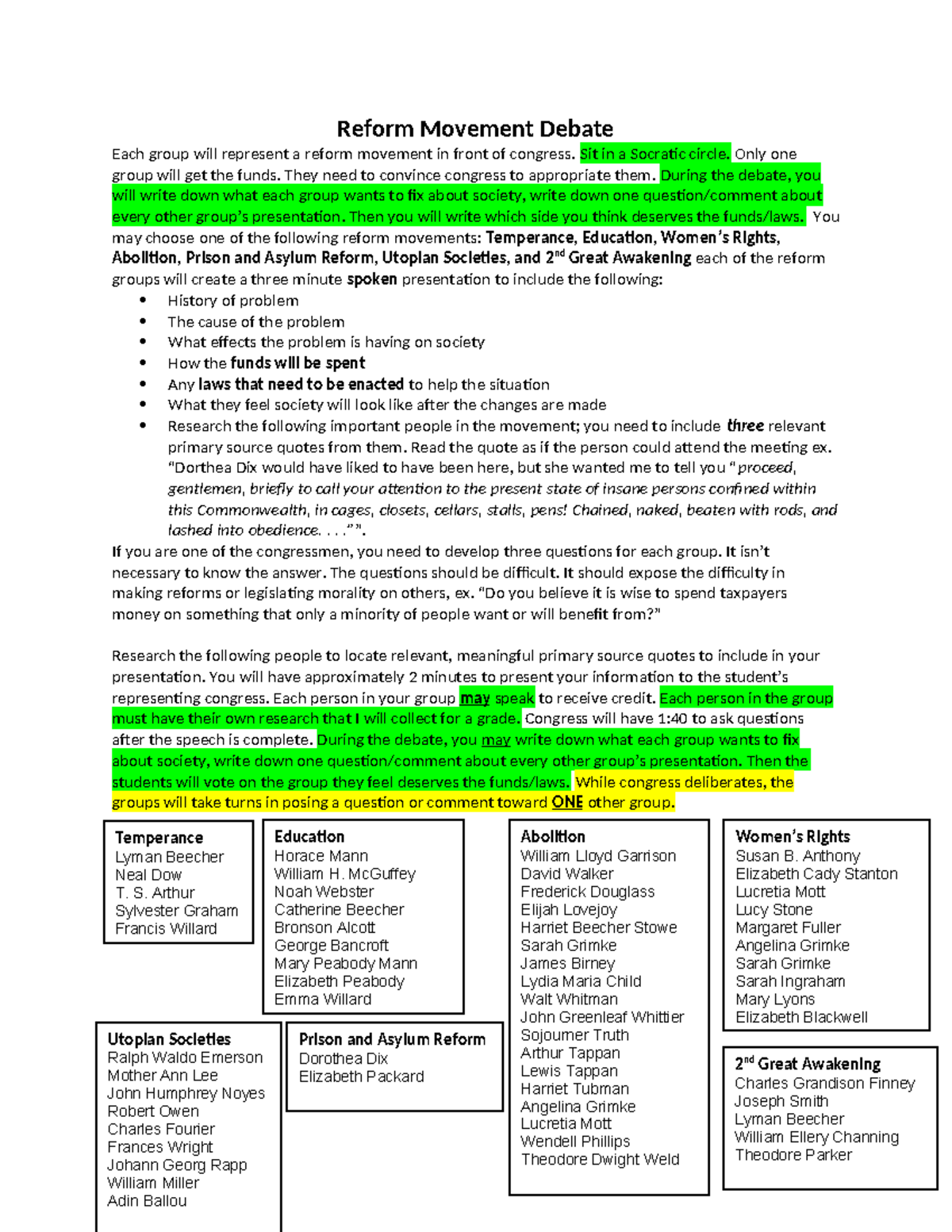 Reform Movements Debate Guidelines and Presentation Strategies - Studocu