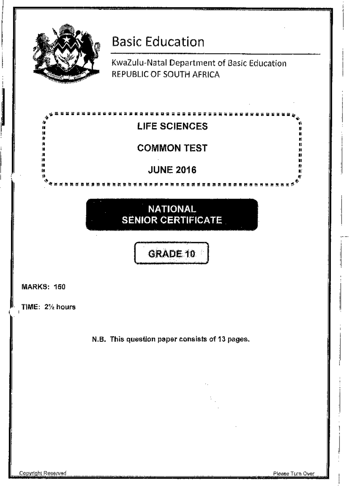 2016 GR 10 Life Sciences Common Test NSC Exam & Memo - Studocu