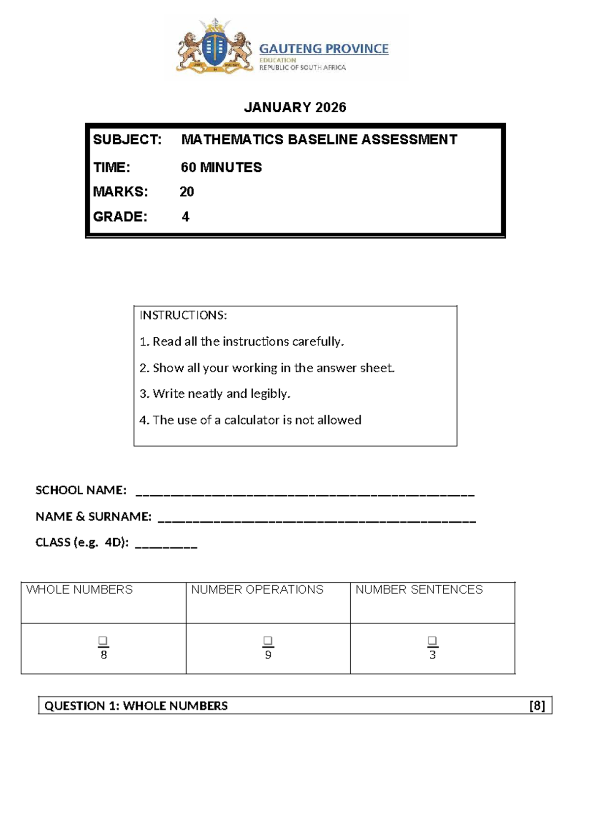 Grade 4 Mathematics Baseline Assessment - January 2026 - Studocu
