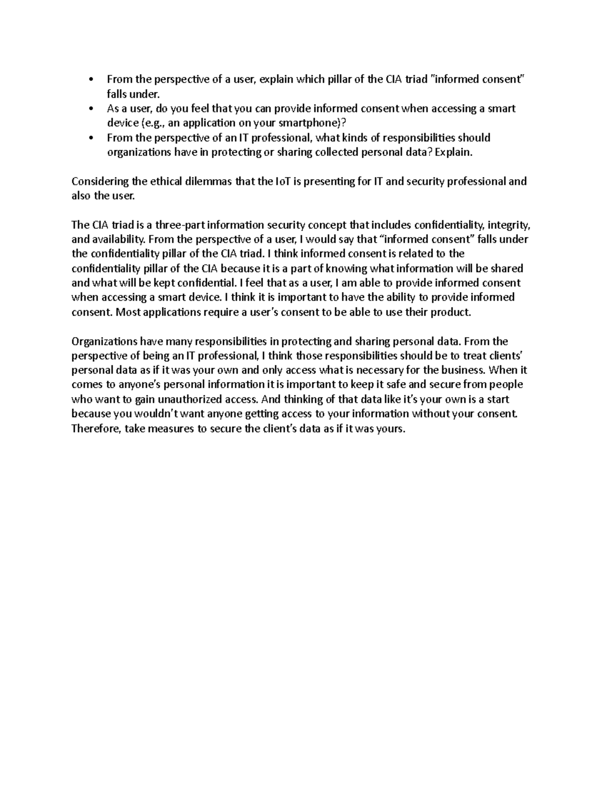 Module 8 Discussion: CIA Triad & Informed Consent in IoT Ethics - Studocu