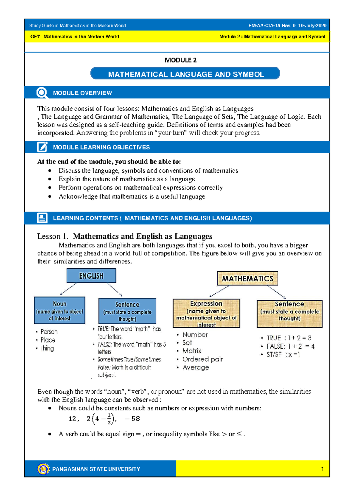 Mathematics in the Modern World GE7: Module 2 Study Guide on Language ...