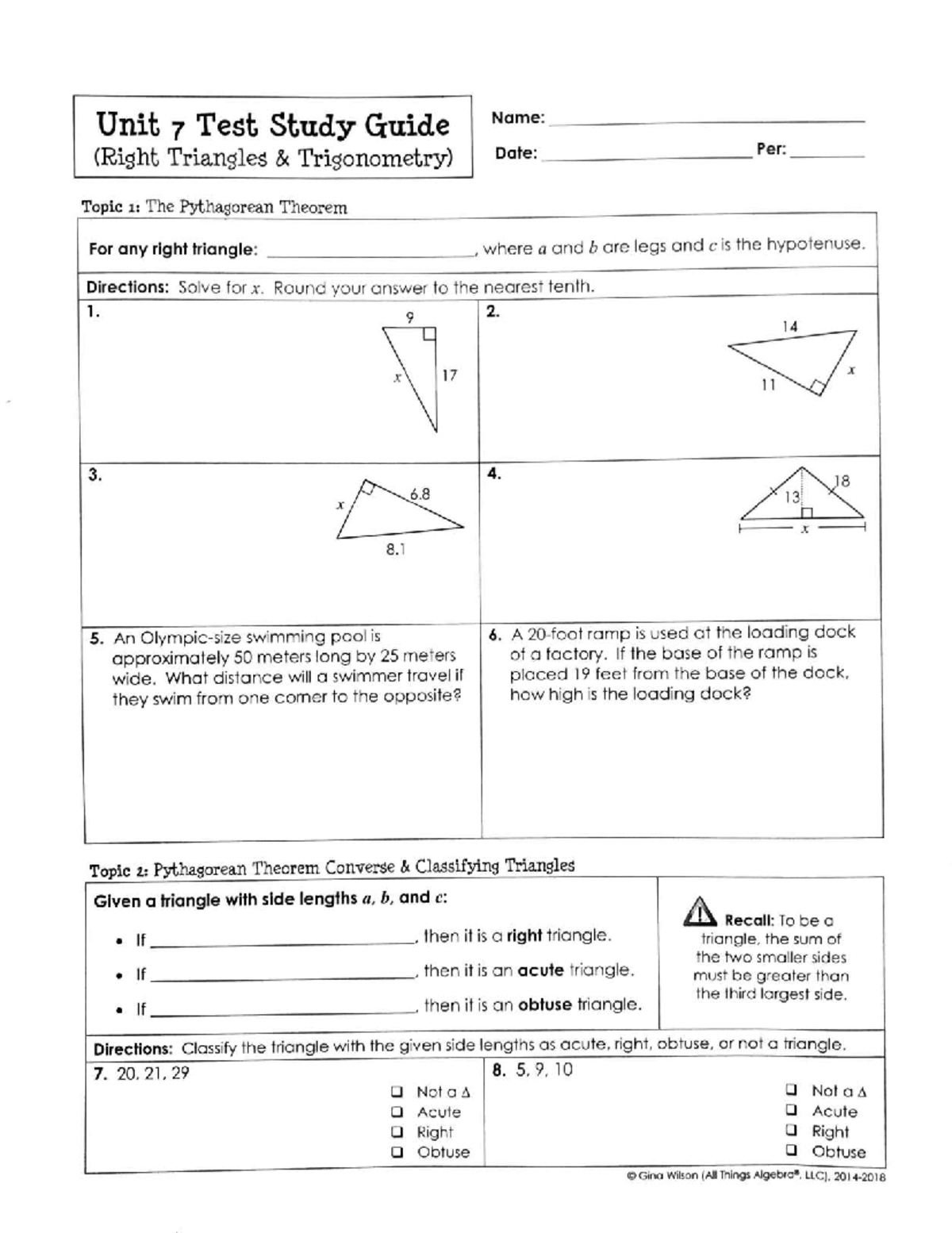 Right Triangles Trigonometry Unit 7 Test Study Guide - Studocu
