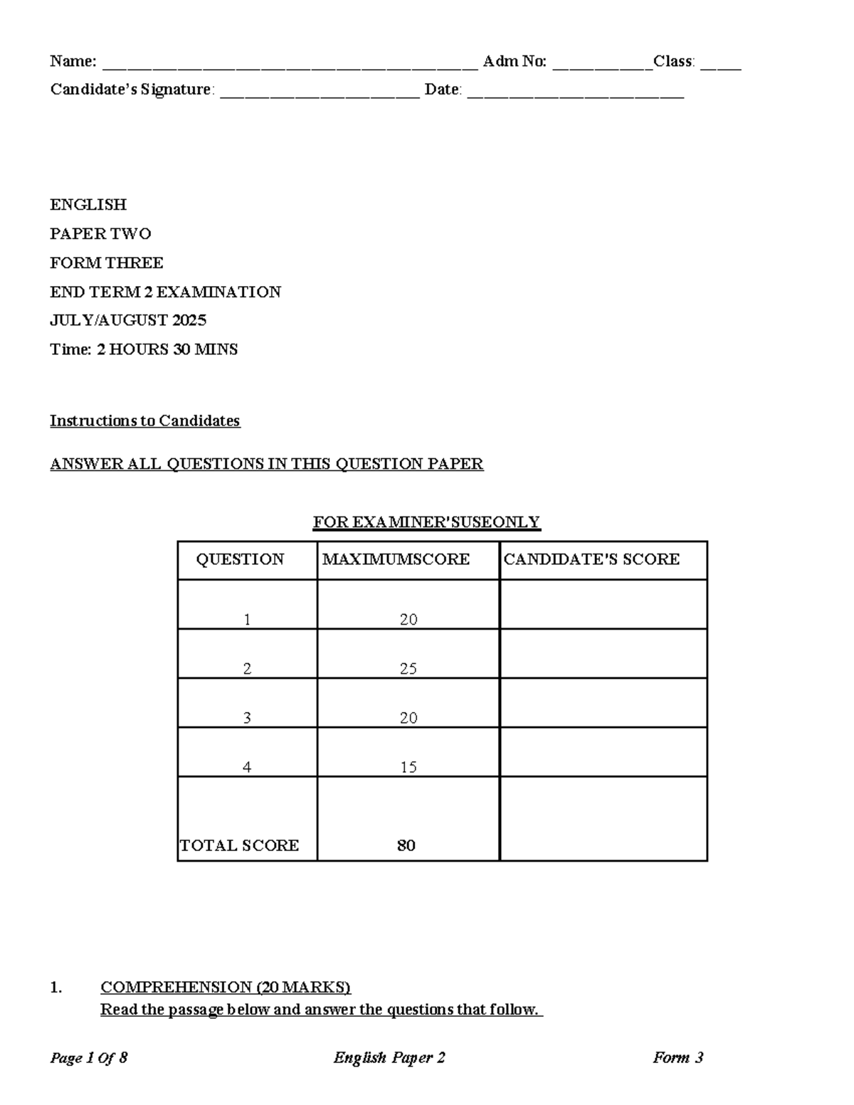 F3- English Paper 2 End Term 2 Exam Questions 2025 - Studocu