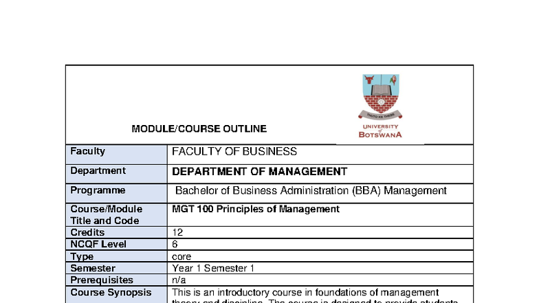 MGT 100 Principles of Management Course Outline and Overview - Studocu