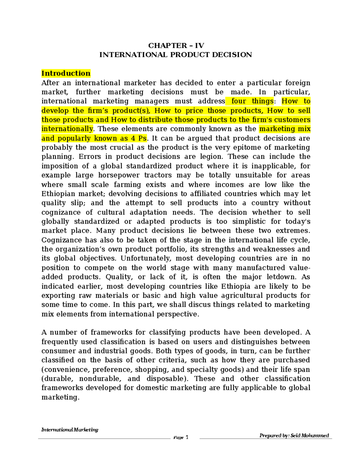 I.M Chapter IV - International Product Decision Analysis and Strategies ...