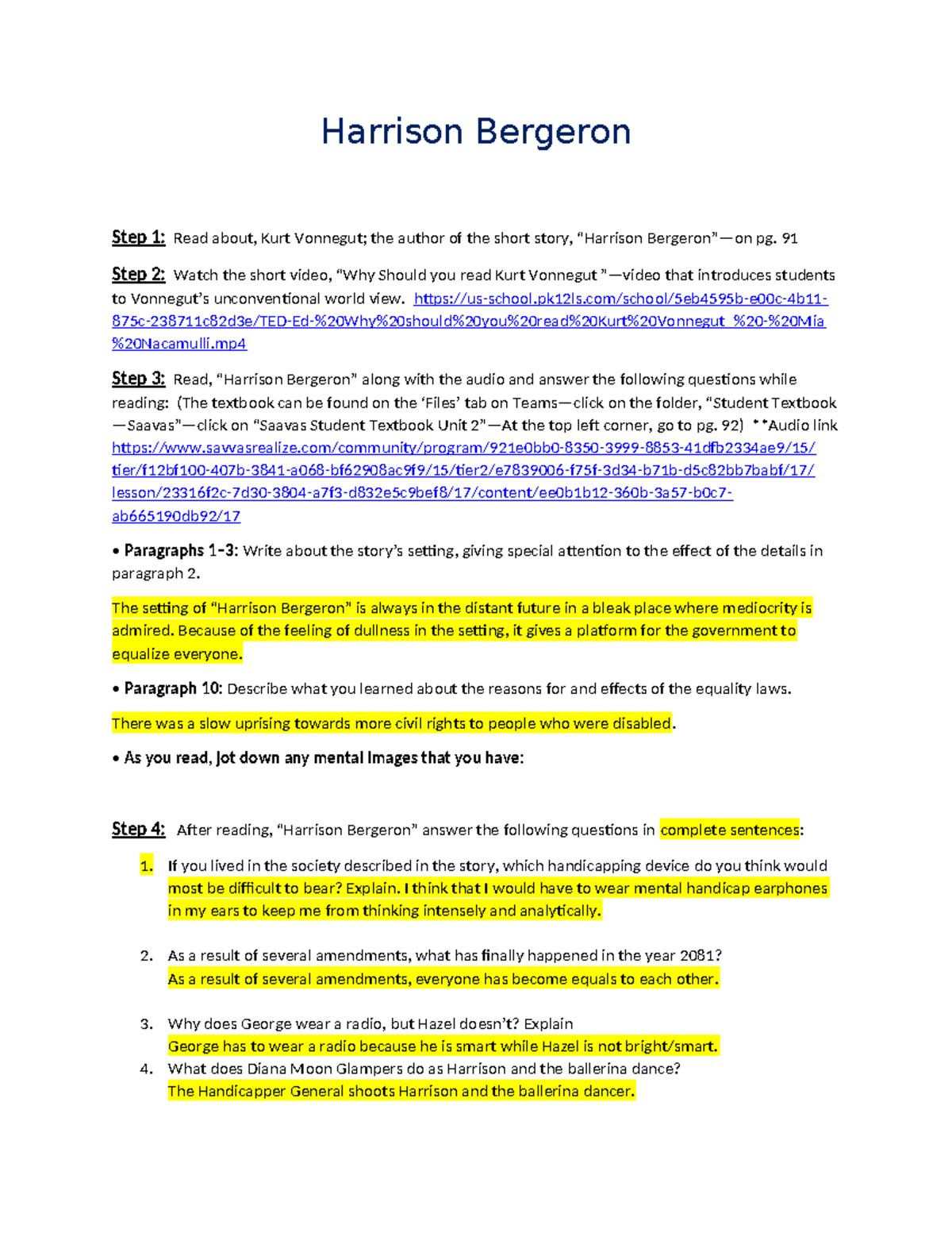 Harrison Bergeron Textbook Questions and Analysis for ENG 101 - Studocu