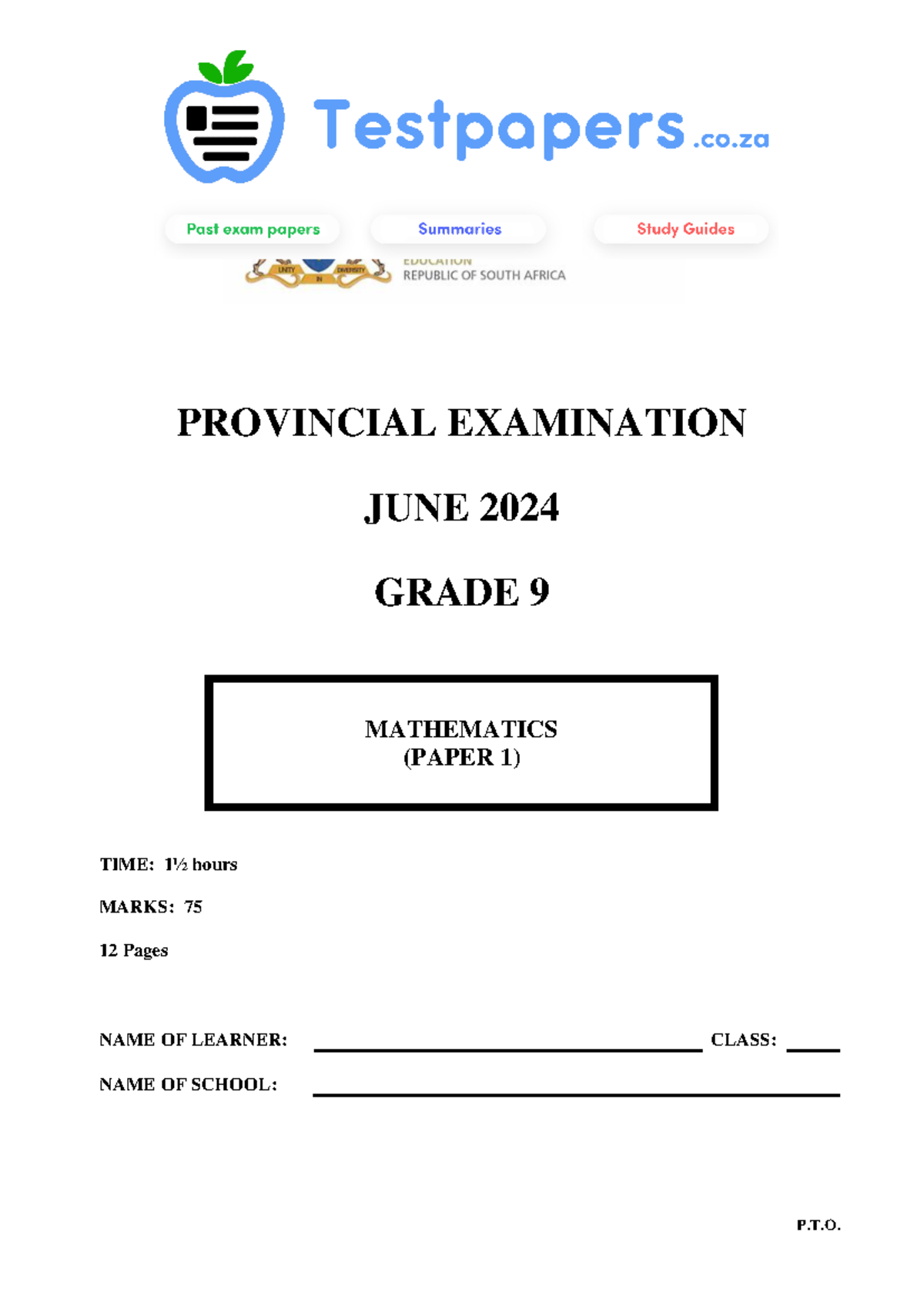 Gr 9 Math P1 June 2024 Provincial Exam Question Paper - Studocu