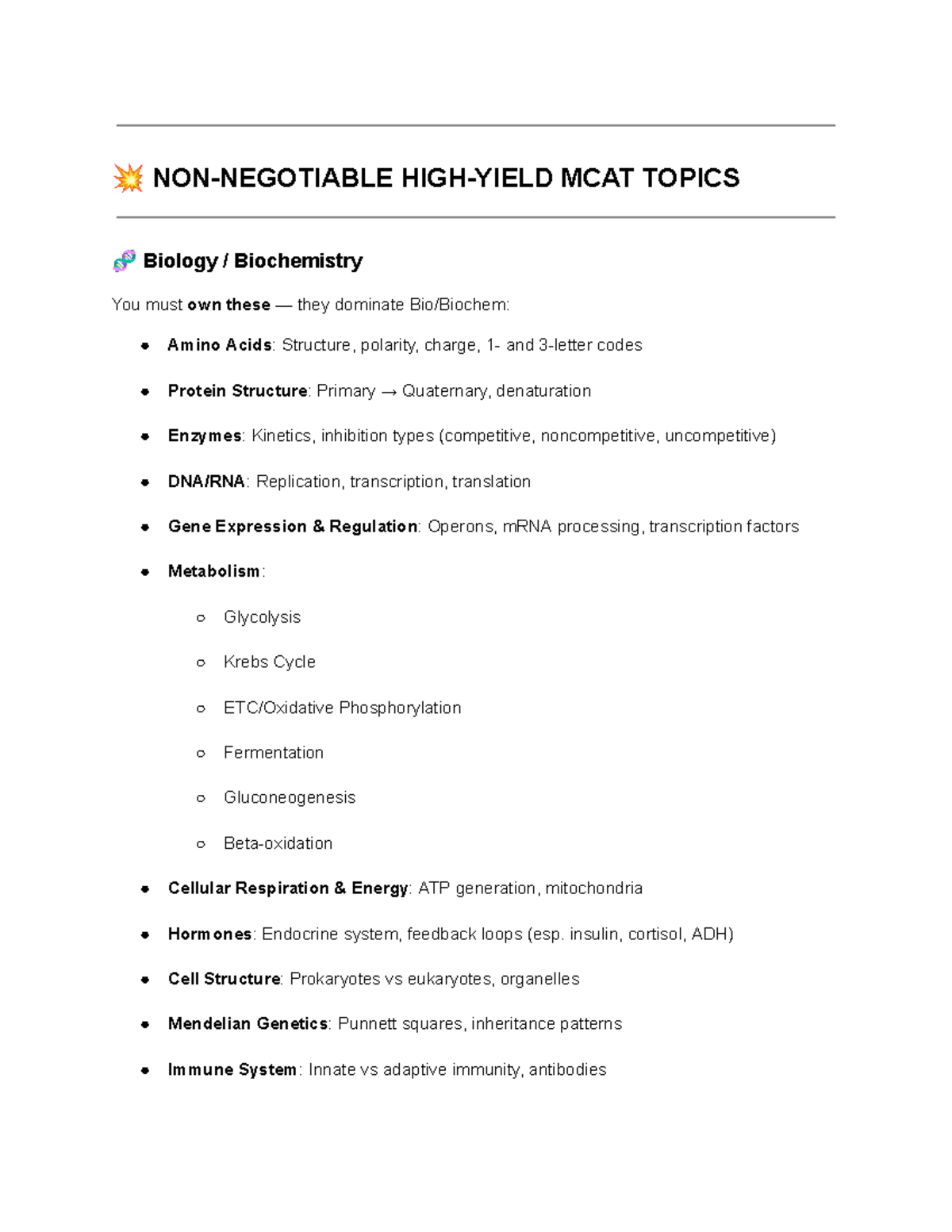 MCAT Non-Negotiable Topics: Biology, Biochemistry & More - Studocu