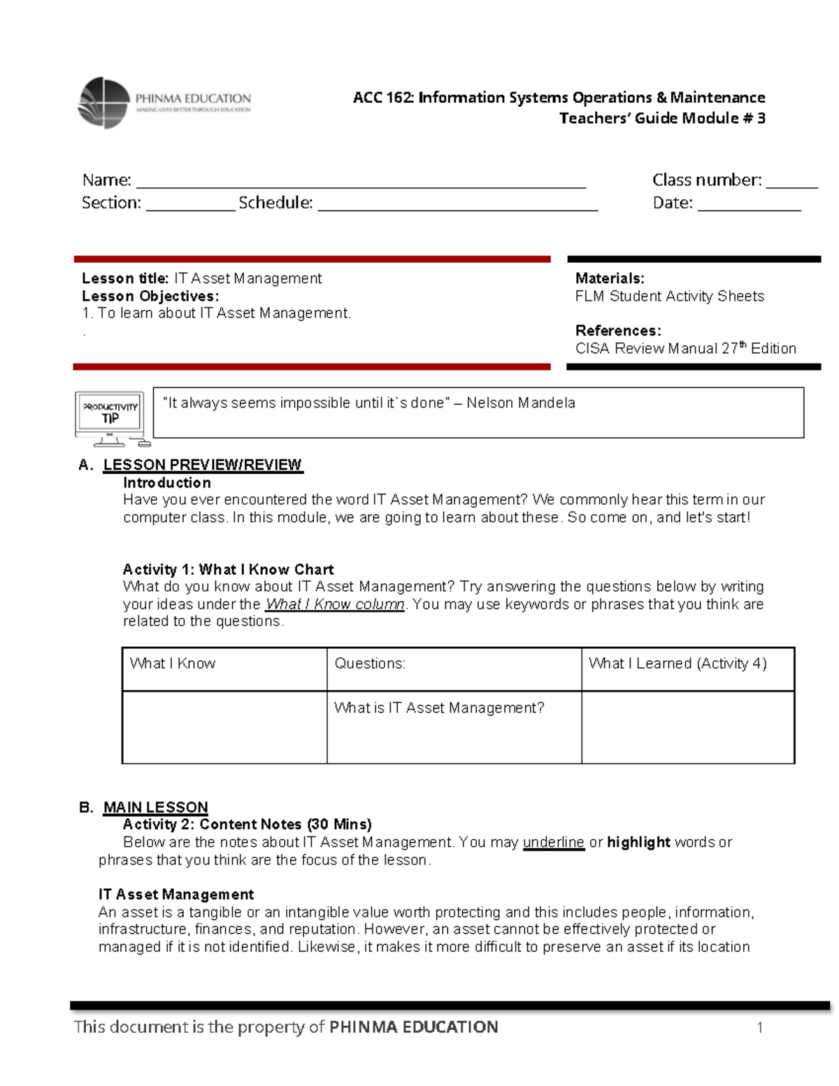 ACC 162: IT Asset Management Lesson - Module 3 Guide - Studocu