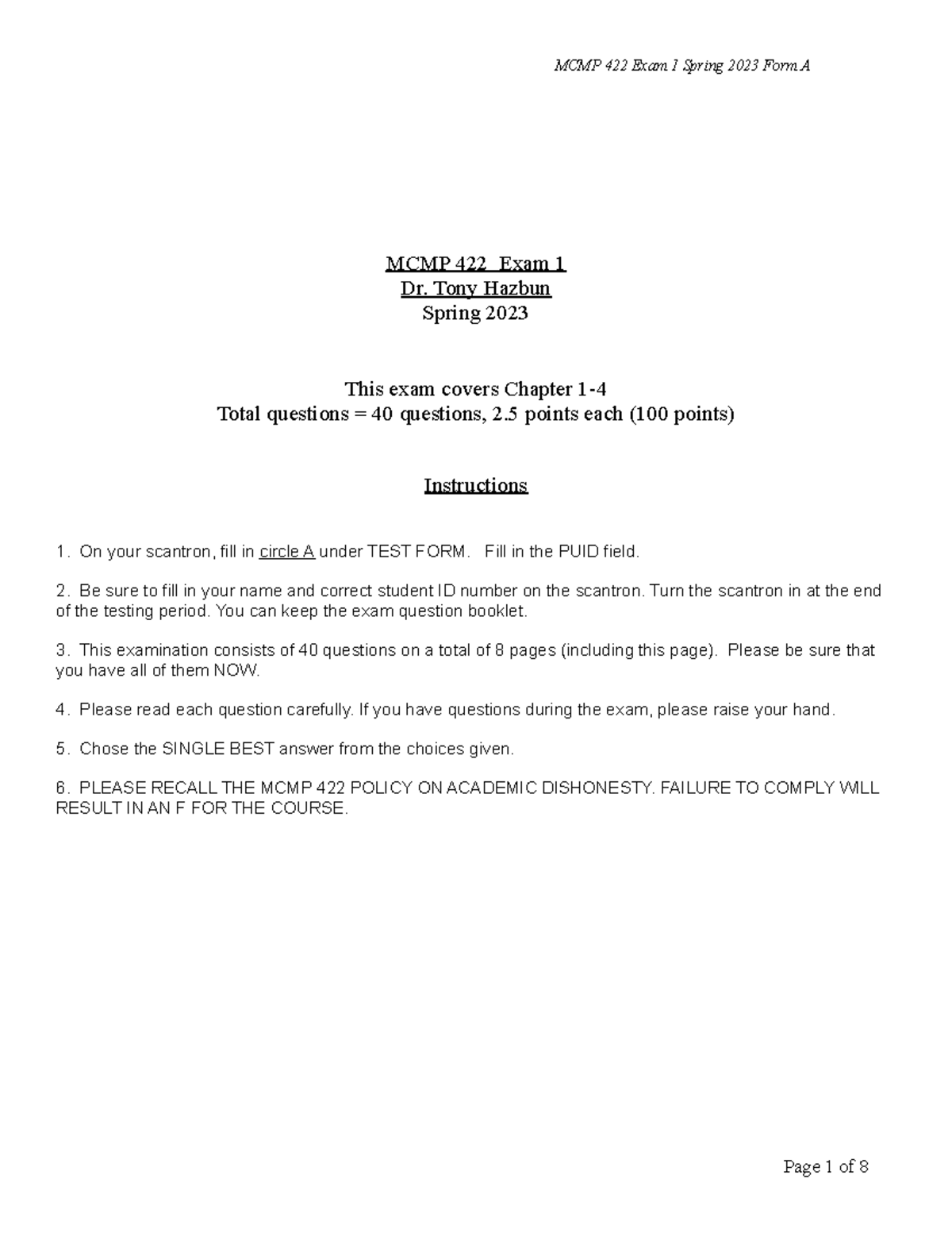 MCMP422 Spring 2023 Exam 1 Review Key - 40 Questions - Studocu