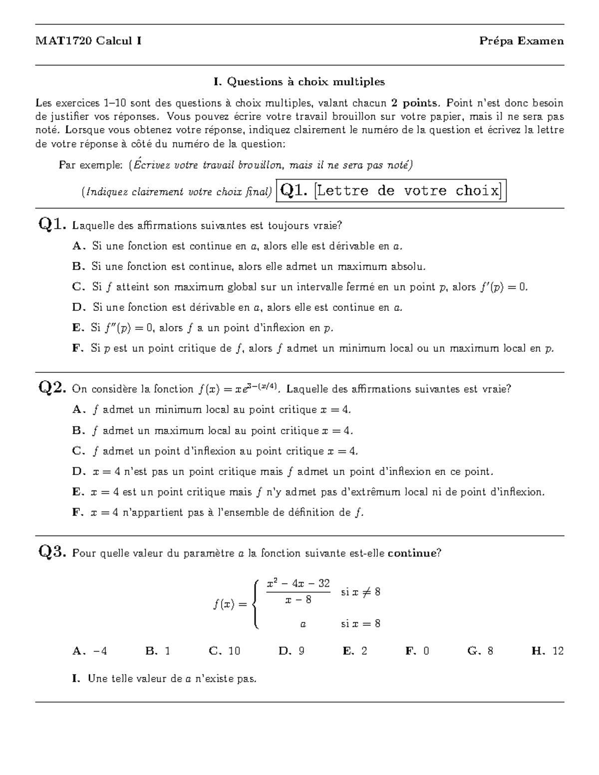 MAT1720 Calcul I Examen Pratique Final - Questions à Choix Multiples ...