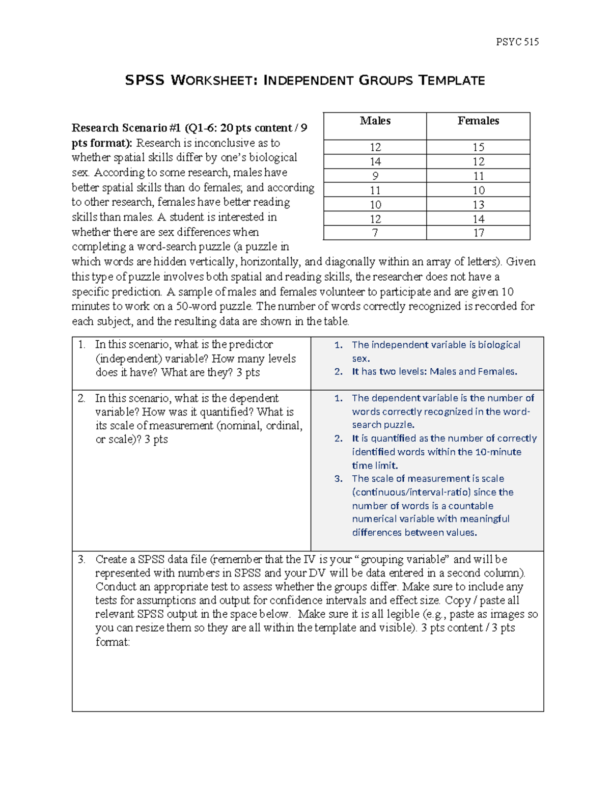 PSYC 515 SPSS Worksheet: Independent Groups Analysis on Spatial Skills and - Studocu
