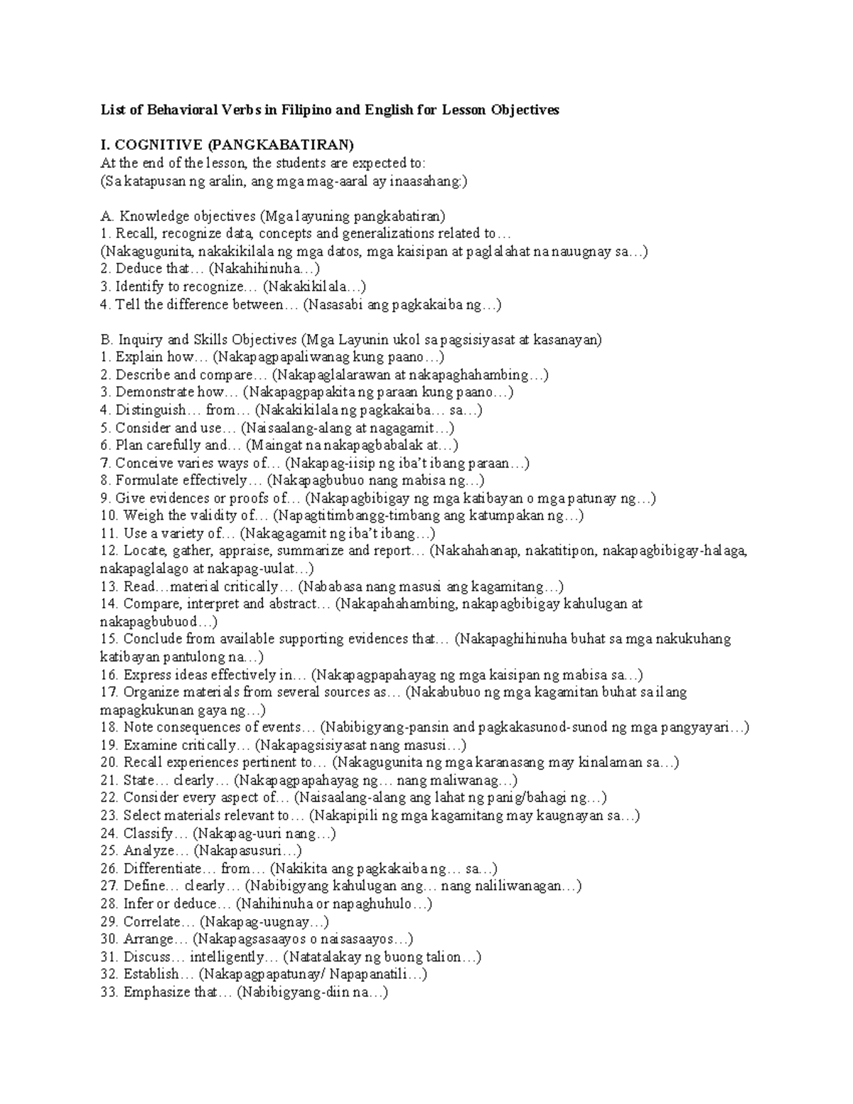 List of Behavioral Verbs for Lesson Objectives I: Cognitive, Affective ...