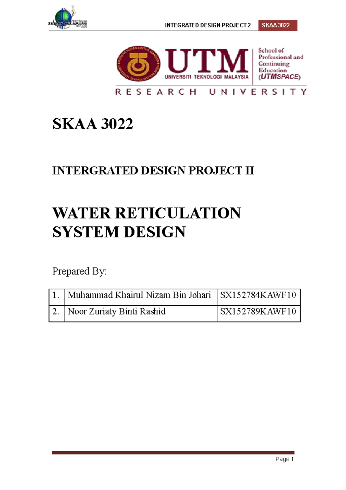Integrated Design Project II: Water Reticulation System SKAA 3022 - Studocu