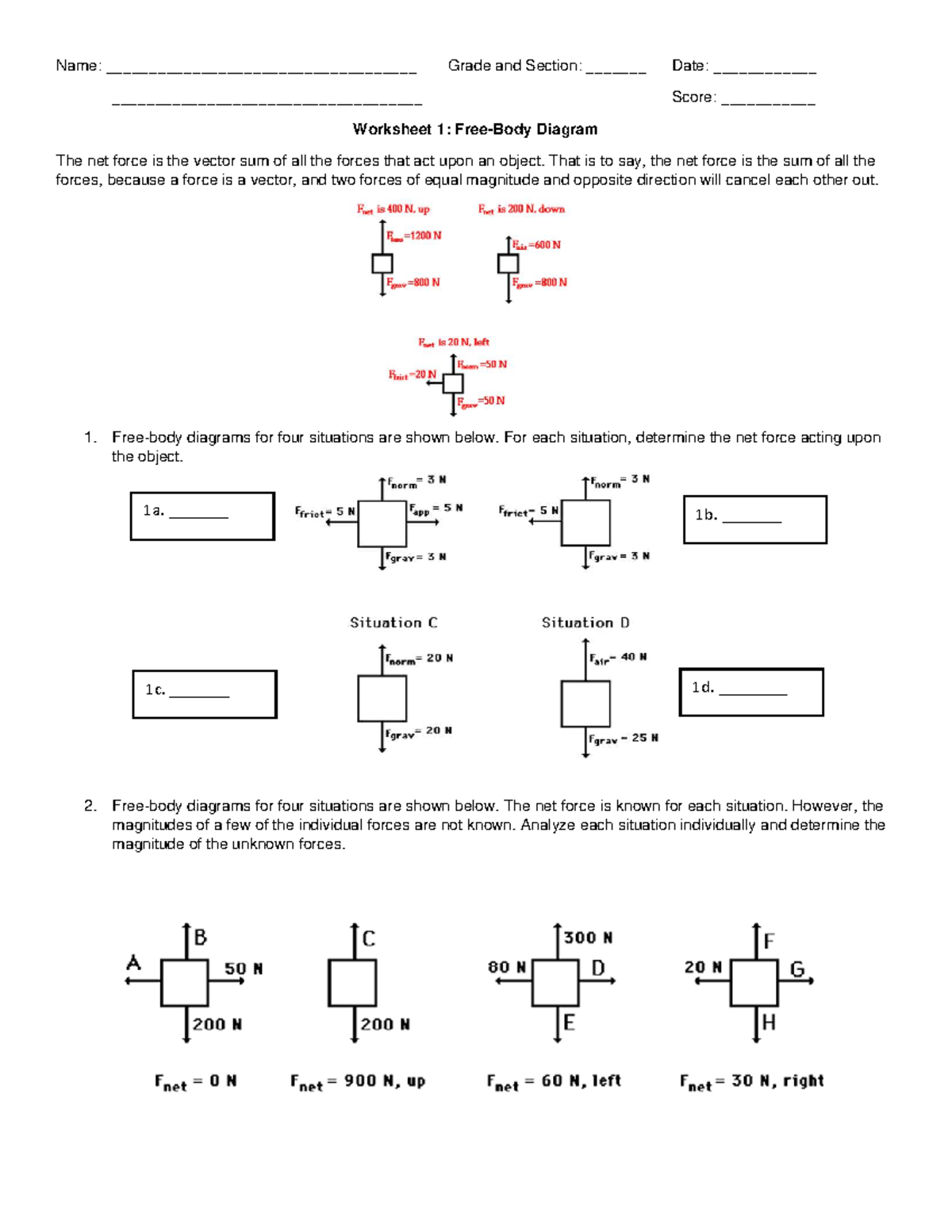 Free Body Diagram Worksheet: Analyzing Net Forces - Studocu